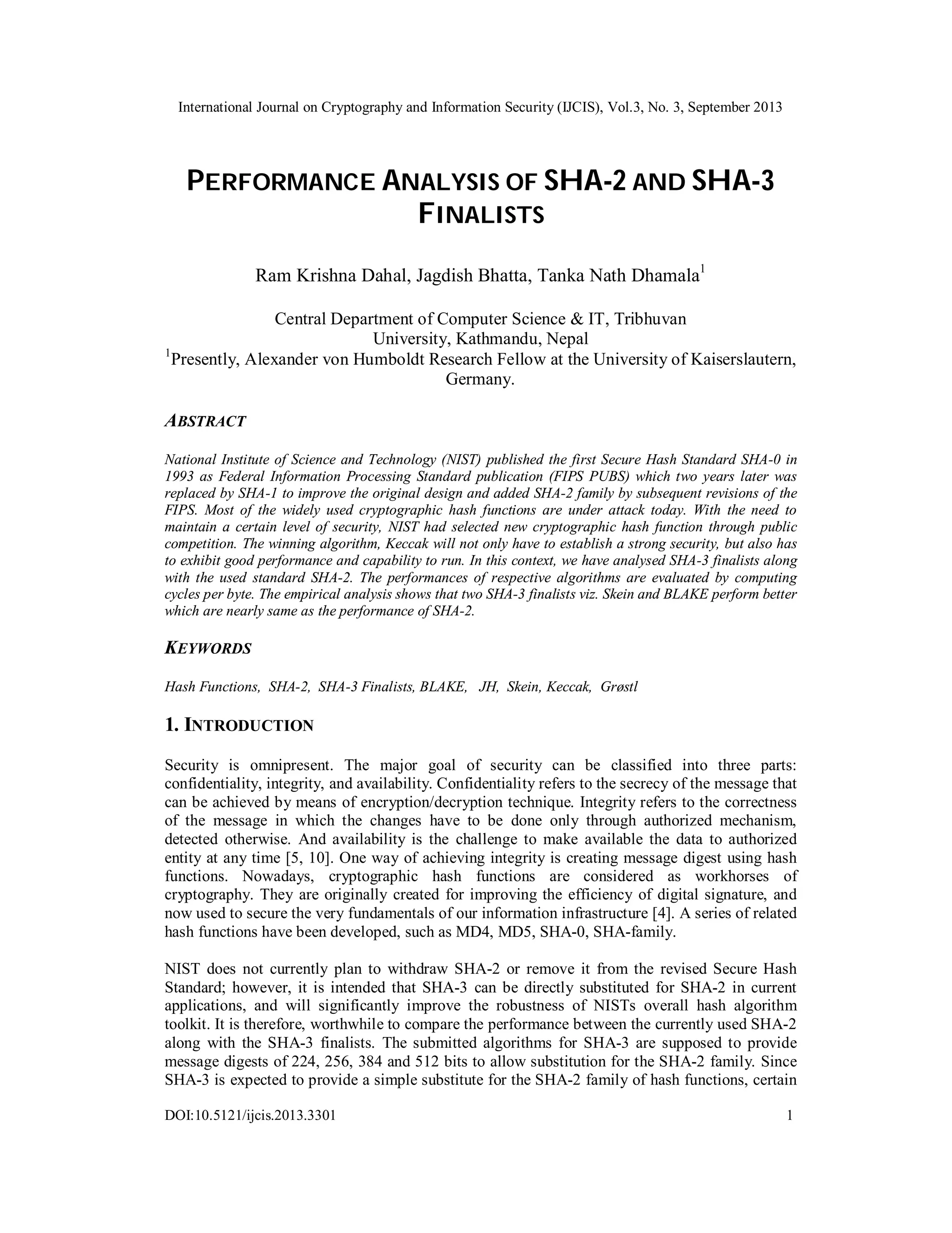 PERFORMANCE ANALYSIS OF SHA-2 AND SHA-3 FINALISTS | PDF