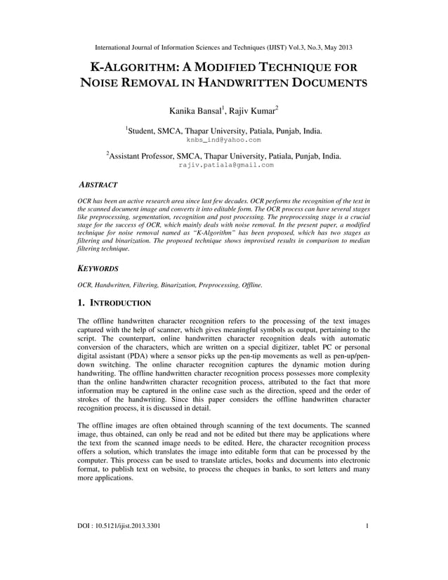 K-ALGORITHM: A MODIFIED TECHNIQUE FOR NOISE REMOVAL IN HANDWRITTEN DOCUMENTS | PDF