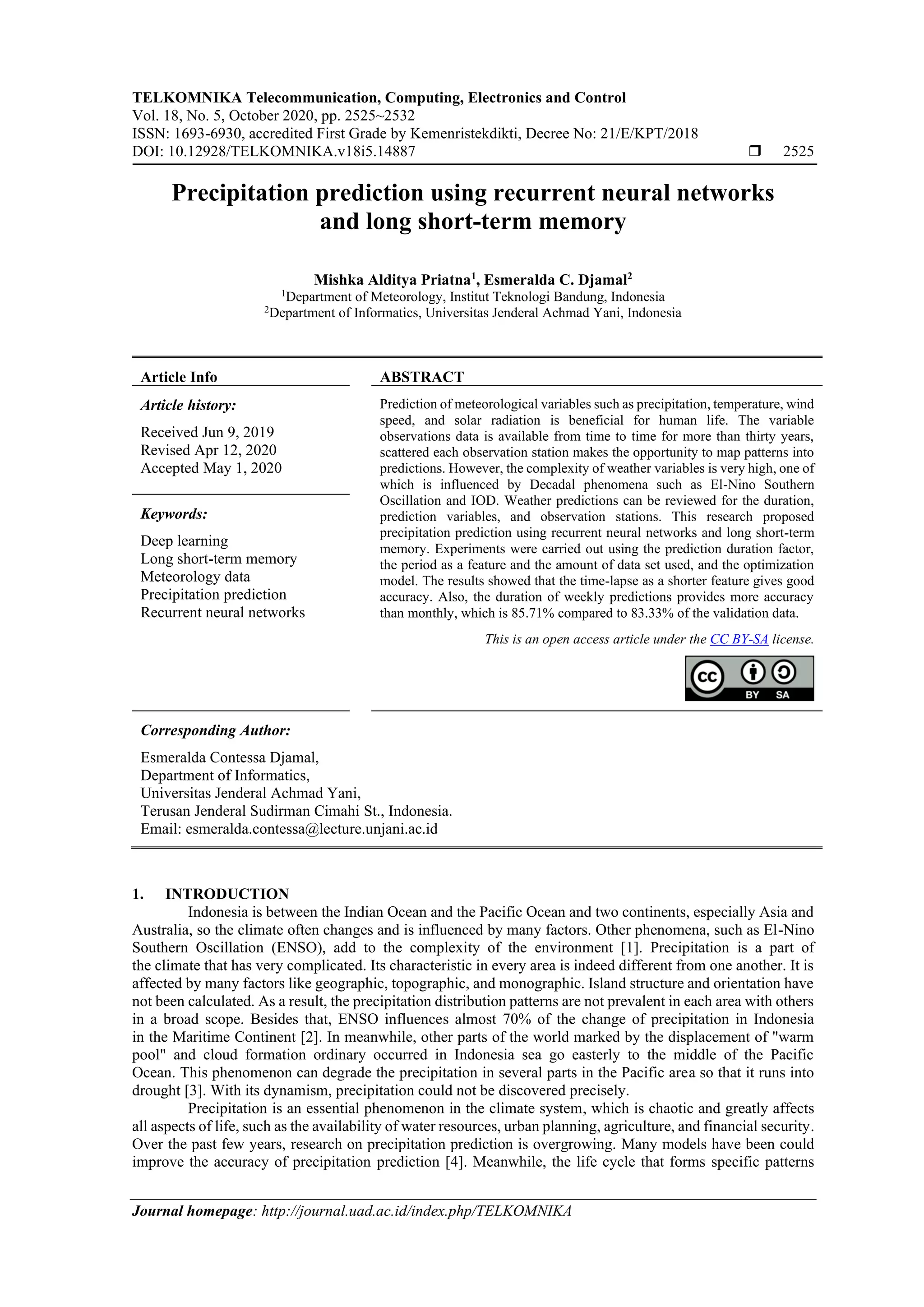 Precipitation Prediction Using Recurrent Neural Networks And Long Short