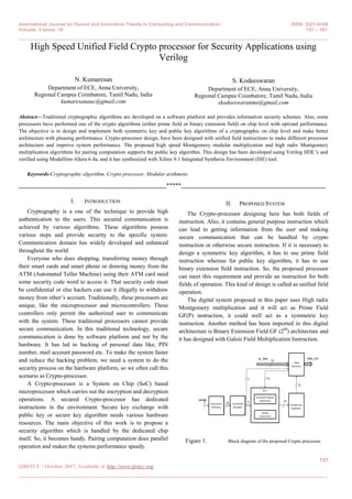 High Speed Unified Field Crypto processor for Security Applications using Verilog | PDF
