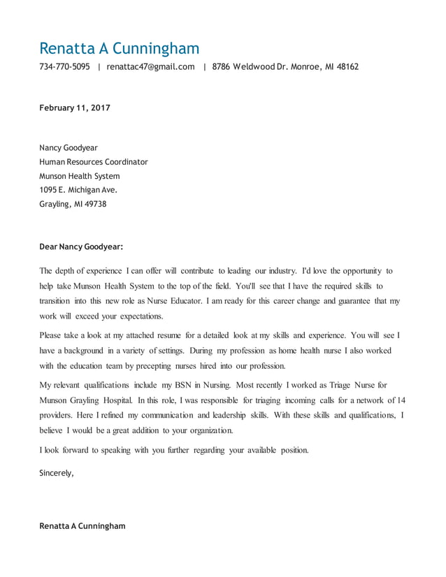 Renatta A Cunningham cover letter | PDF