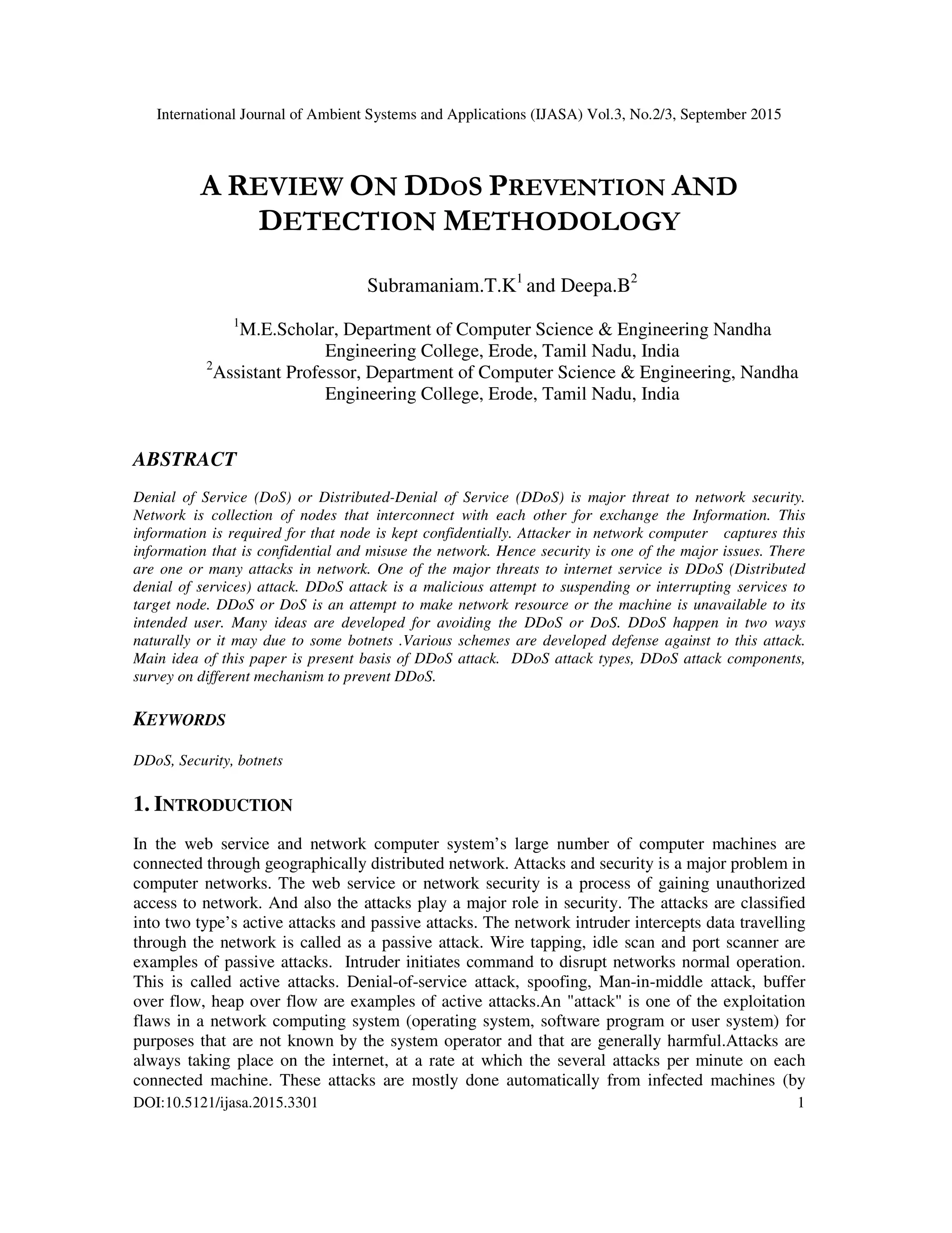 A Review On Ddos Prevention And Detection Methodology Pdf