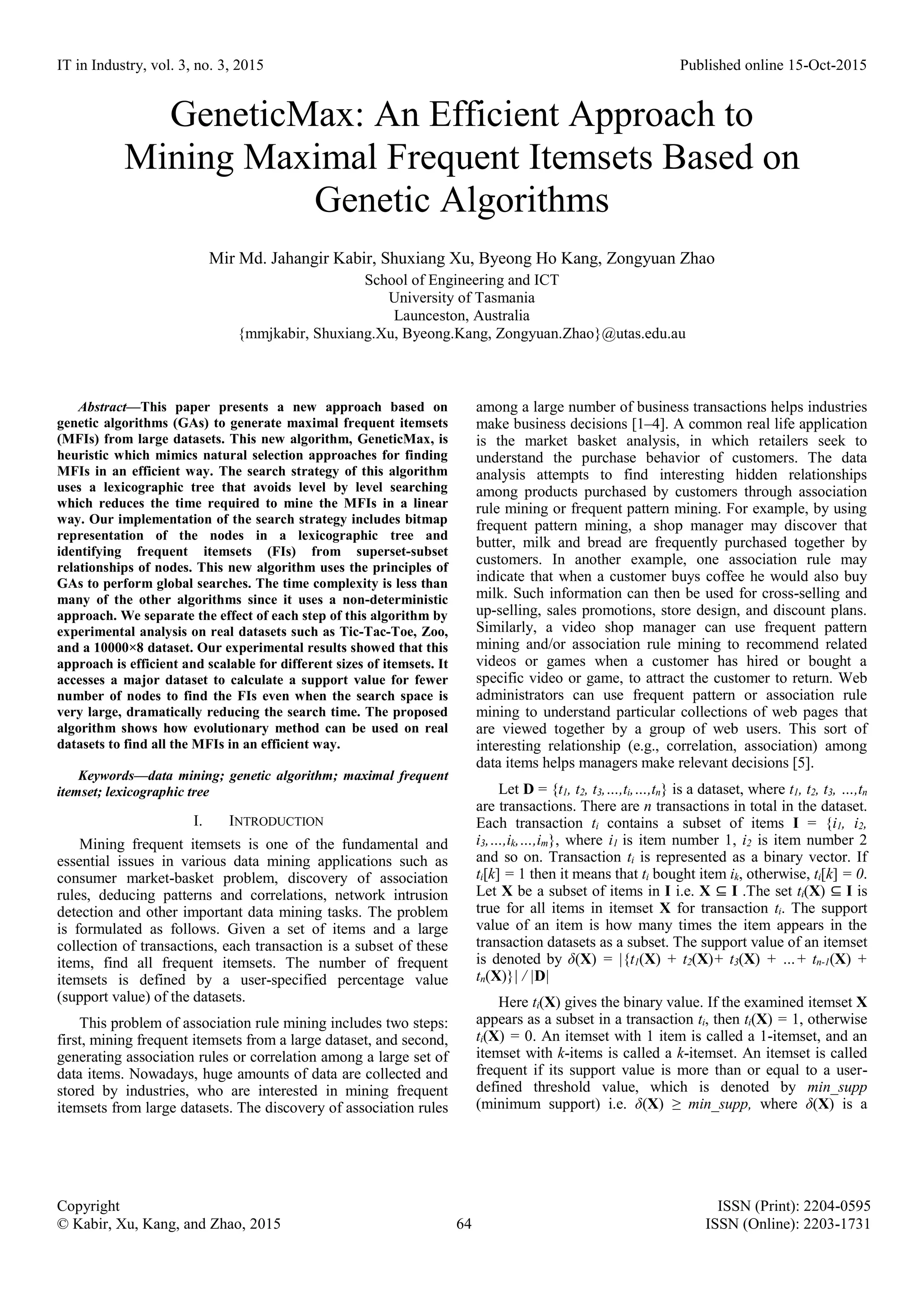 Geneticmax An Efficient Approach To Mining Maximal Frequent Itemsets Based On Genetic