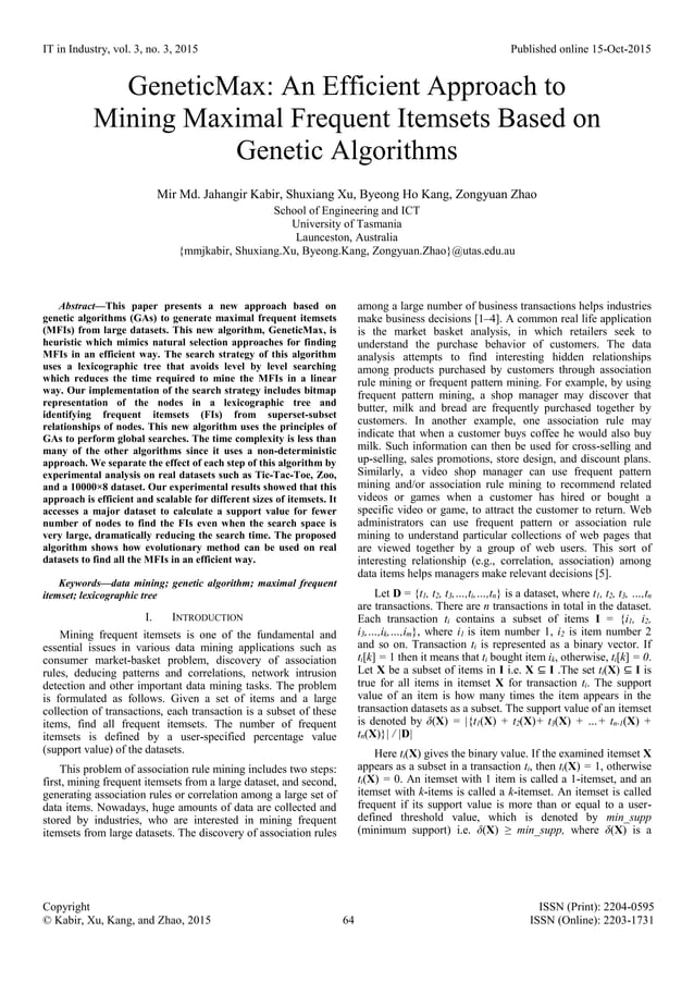 Geneticmax An Efficient Approach To Mining Maximal Frequent Itemsets