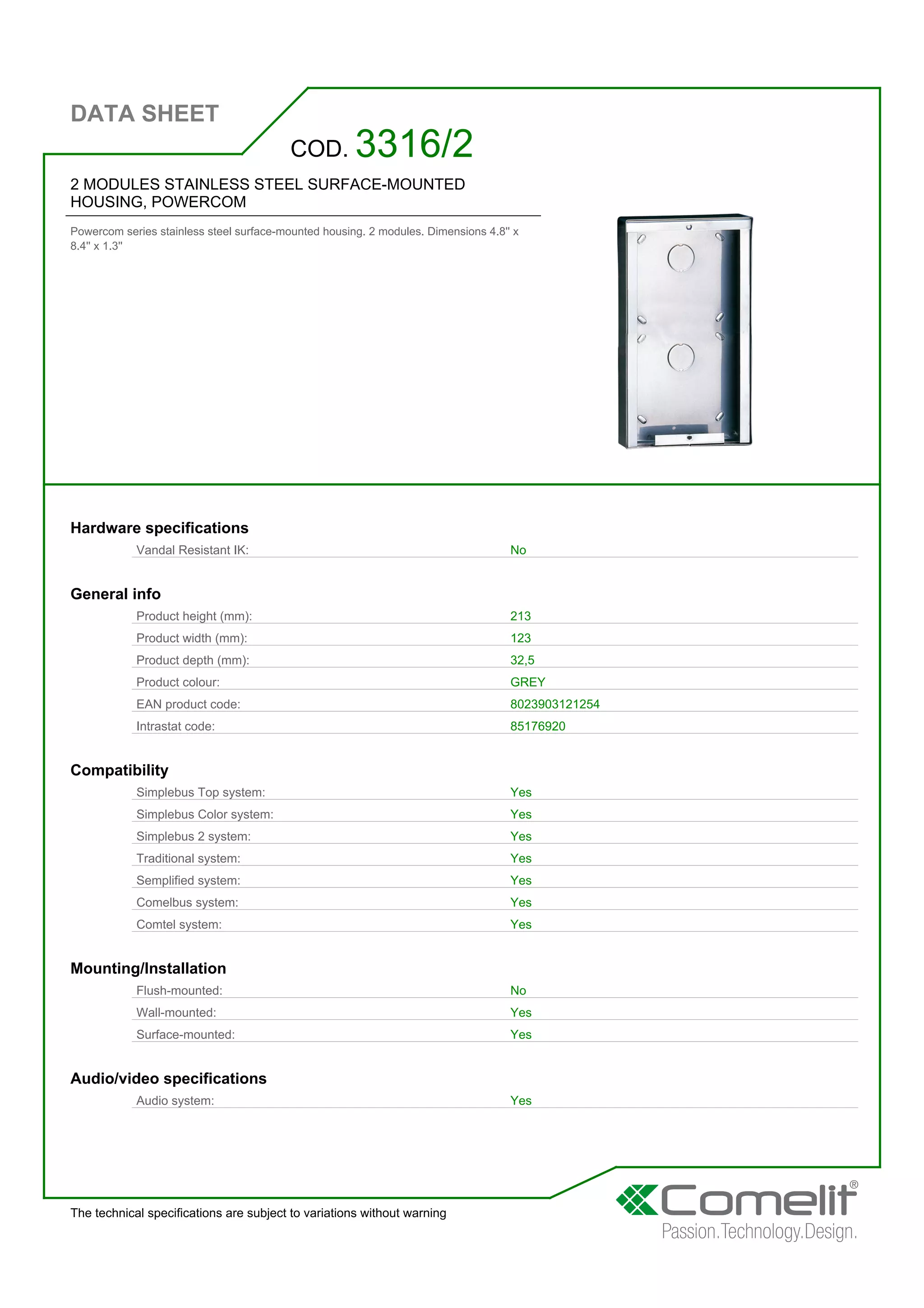 Comelit 3316/2 Data Sheet | PDF
