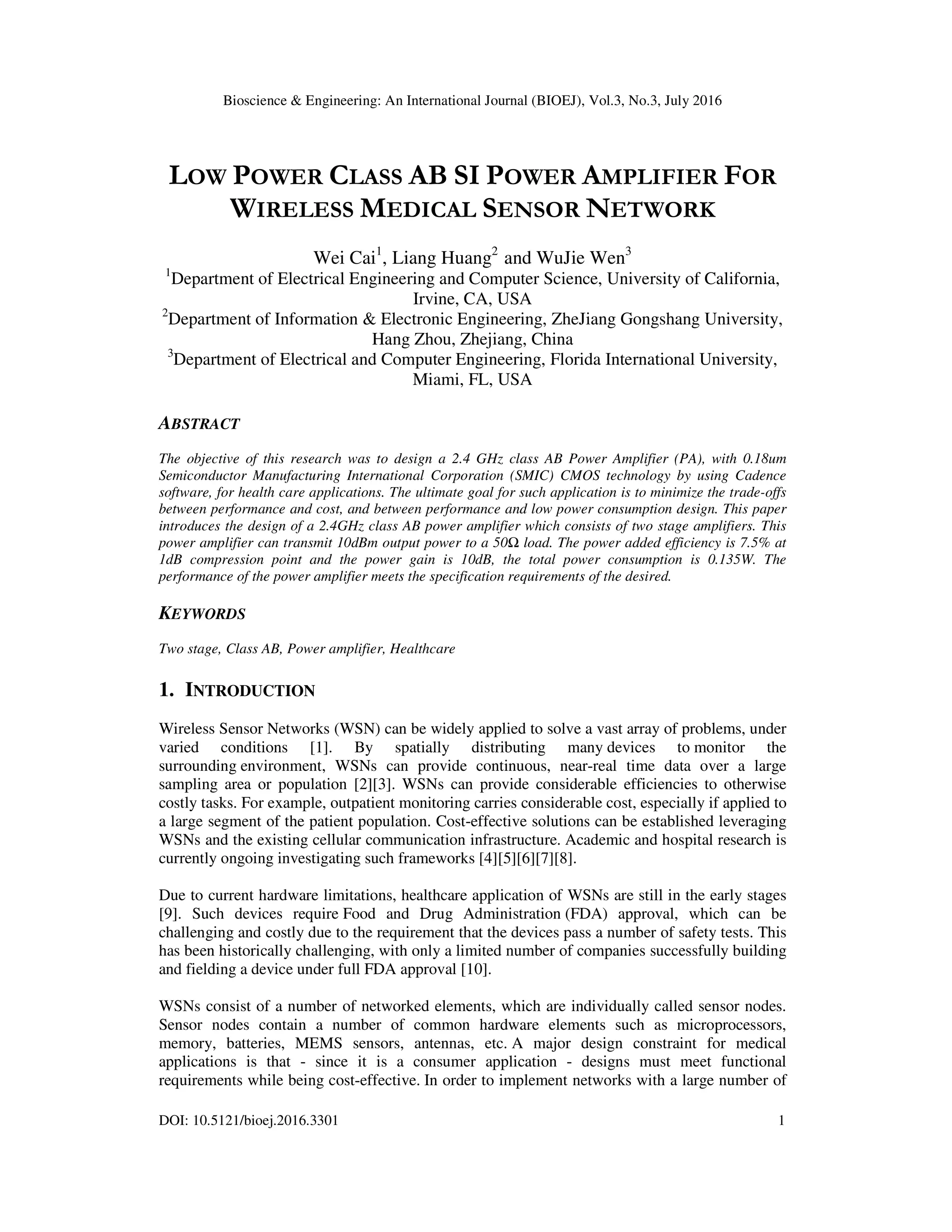 LOW POWER CLASS AB SI POWER AMPLIFIER FOR WIRELESS MEDICAL SENSOR ...