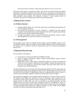SPAM FILTERING SECURITY EVALUATION FRAMEWORK USING SVM, LR AND MILR | PDF