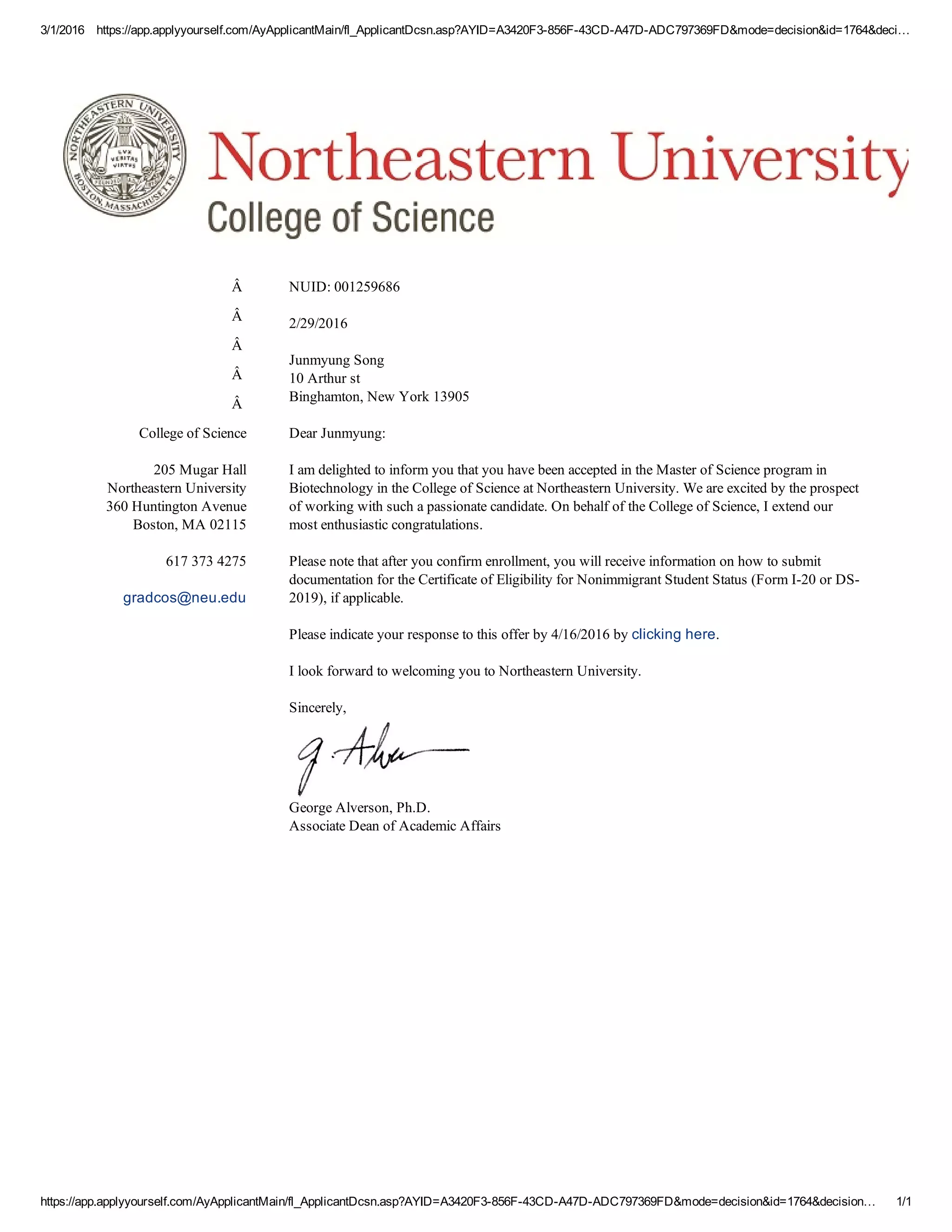 Acceptance Letter of Northeastern University | PDF