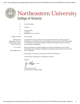Acceptance Letter of Northeastern University | PDF
