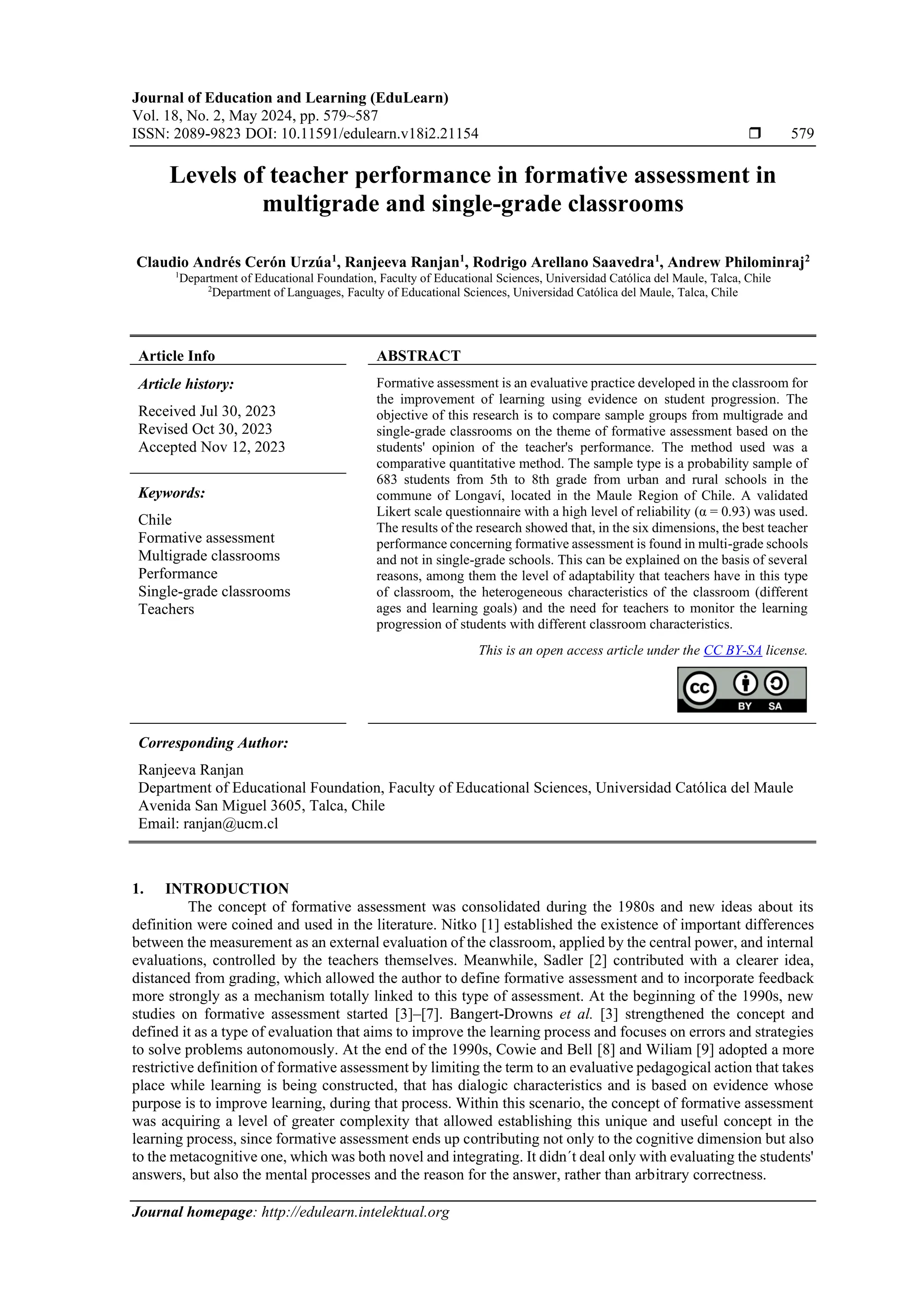 Levels of teacher performance in formative assessment in multigrade and ...