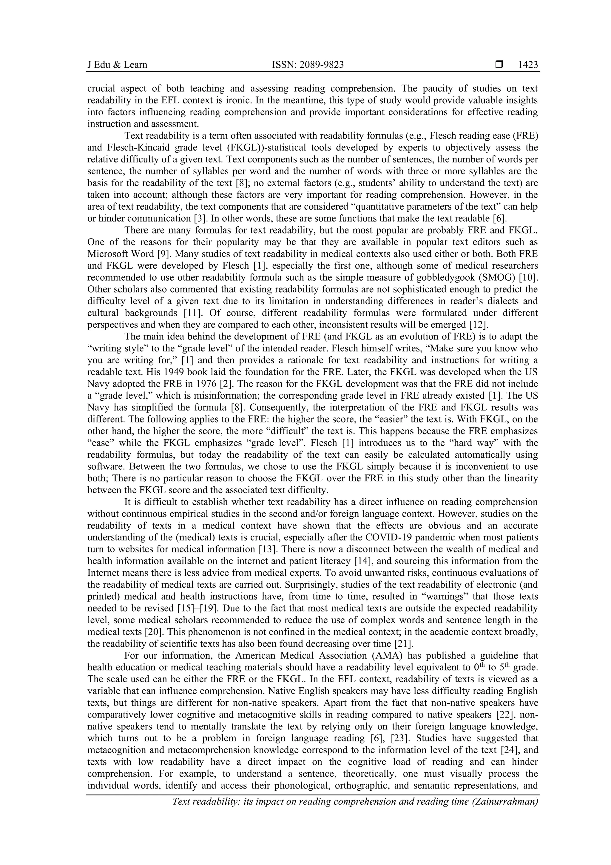 Text readability: its impact on reading comprehension and reading time ...