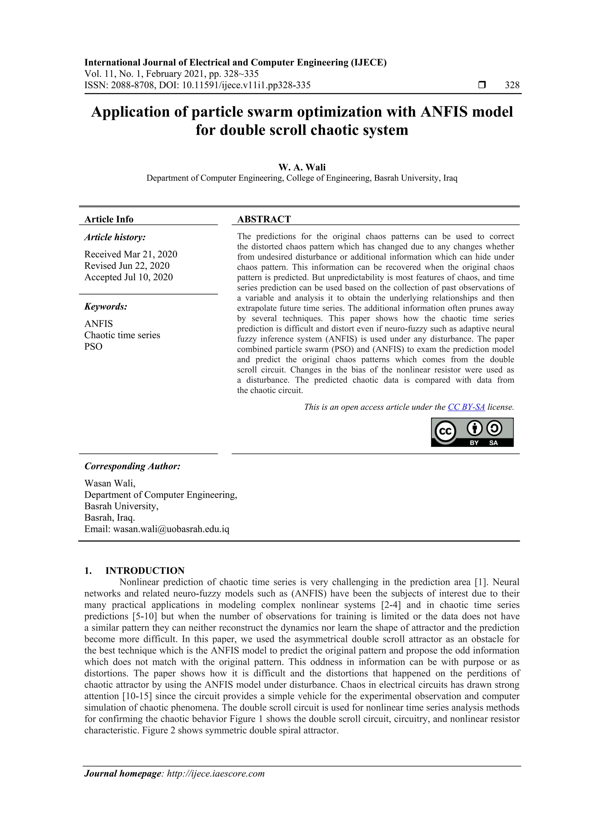 Application of particle swarm optimization with ANFIS model for double scroll chaotic system ...