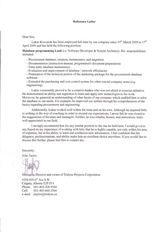 Lukas Kocourek - Reference letter by Tridyne Projects Corporation | PDF