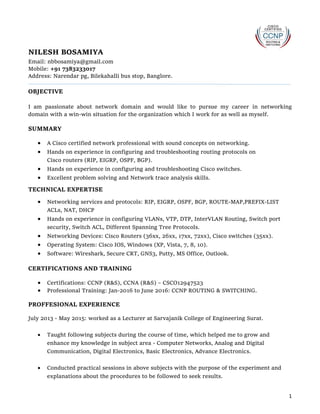Nilesh Bosamiya Resume (CCNP R&S) | PDF | Computer Networking | Computing