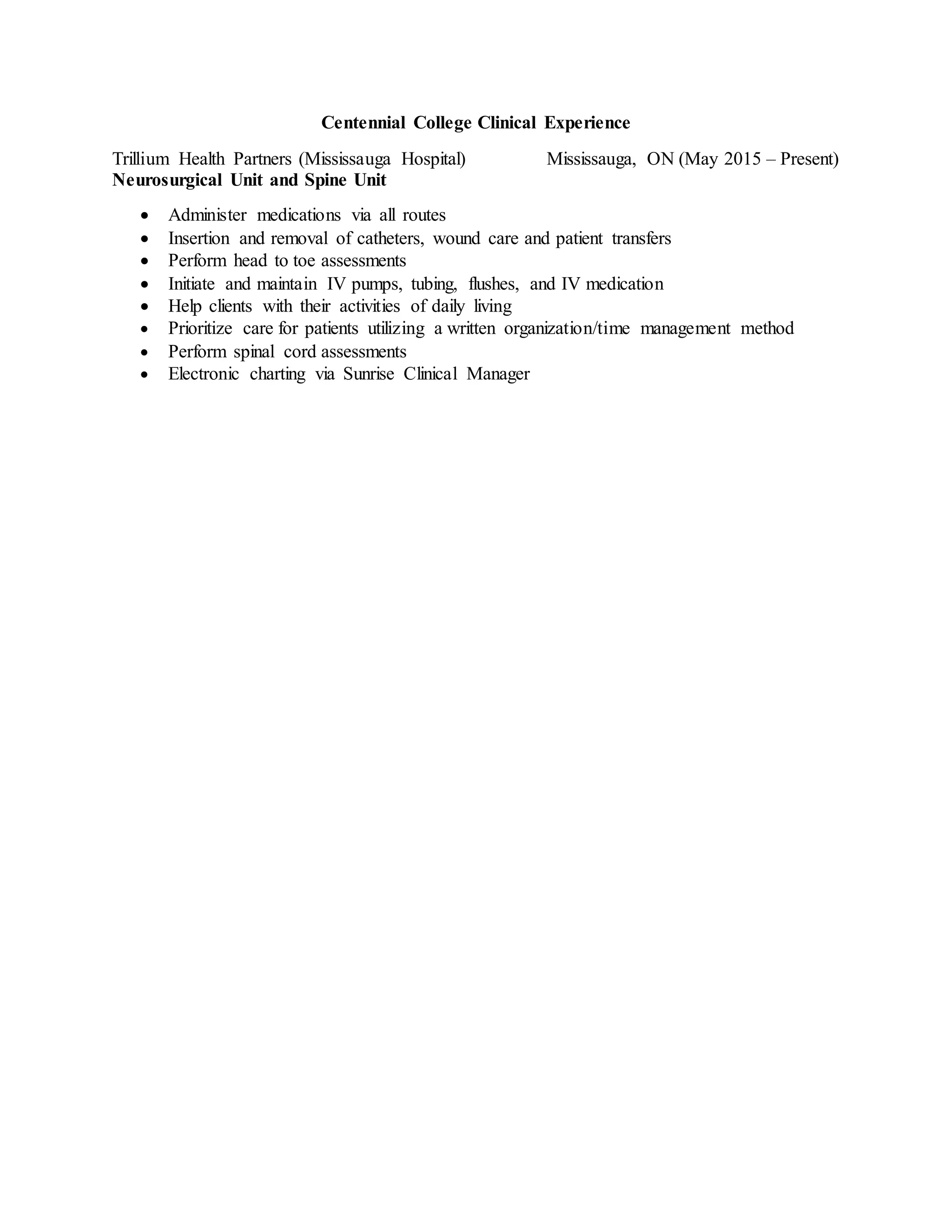 Centennial College Clinical Experience | PDF