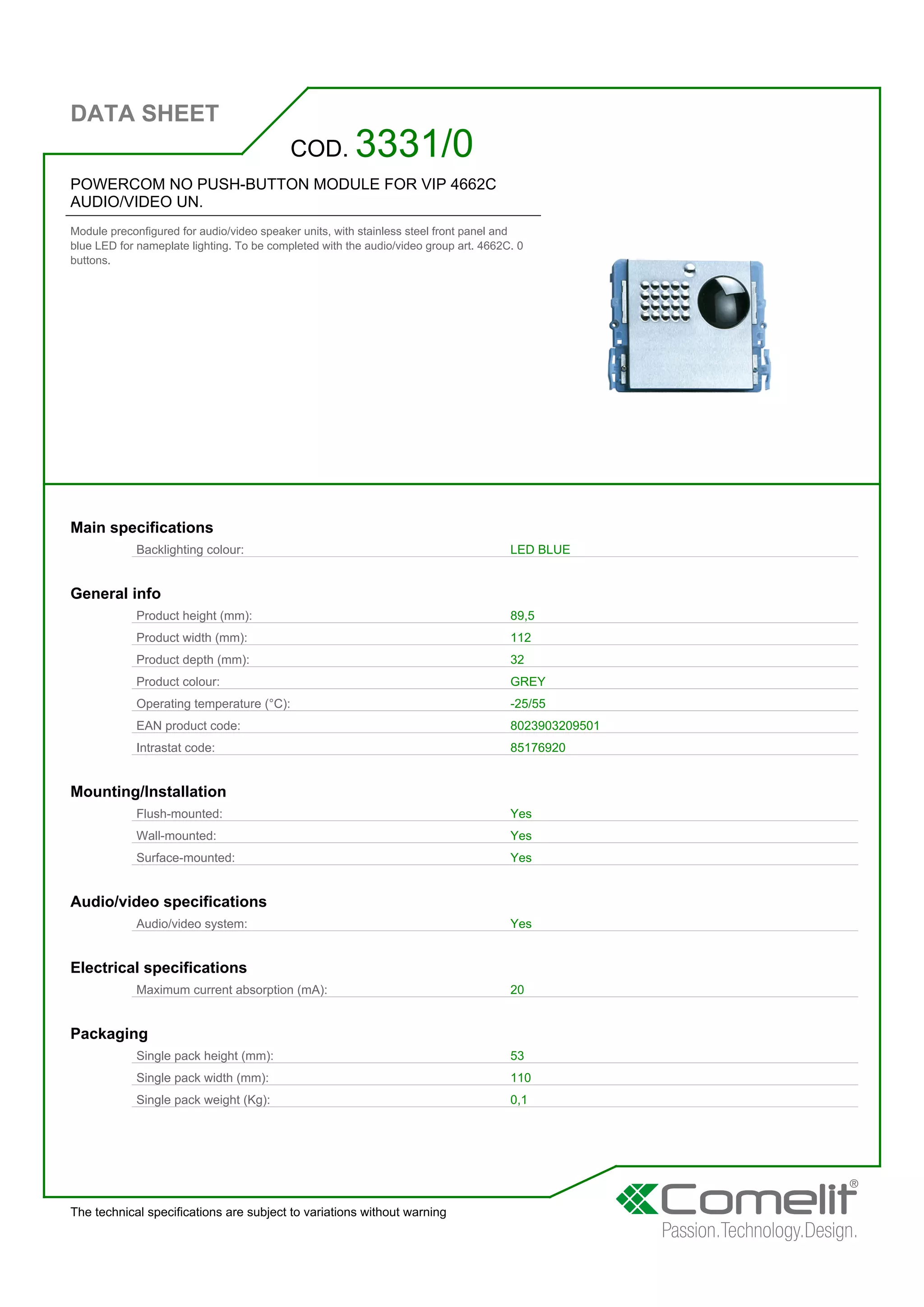 Comelit 3331/0 Data Sheet | PDF
