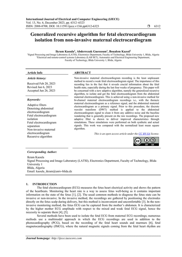 Generalized recursive algorithm for fetal electrocardiogram isolation from non-invasive maternal ...