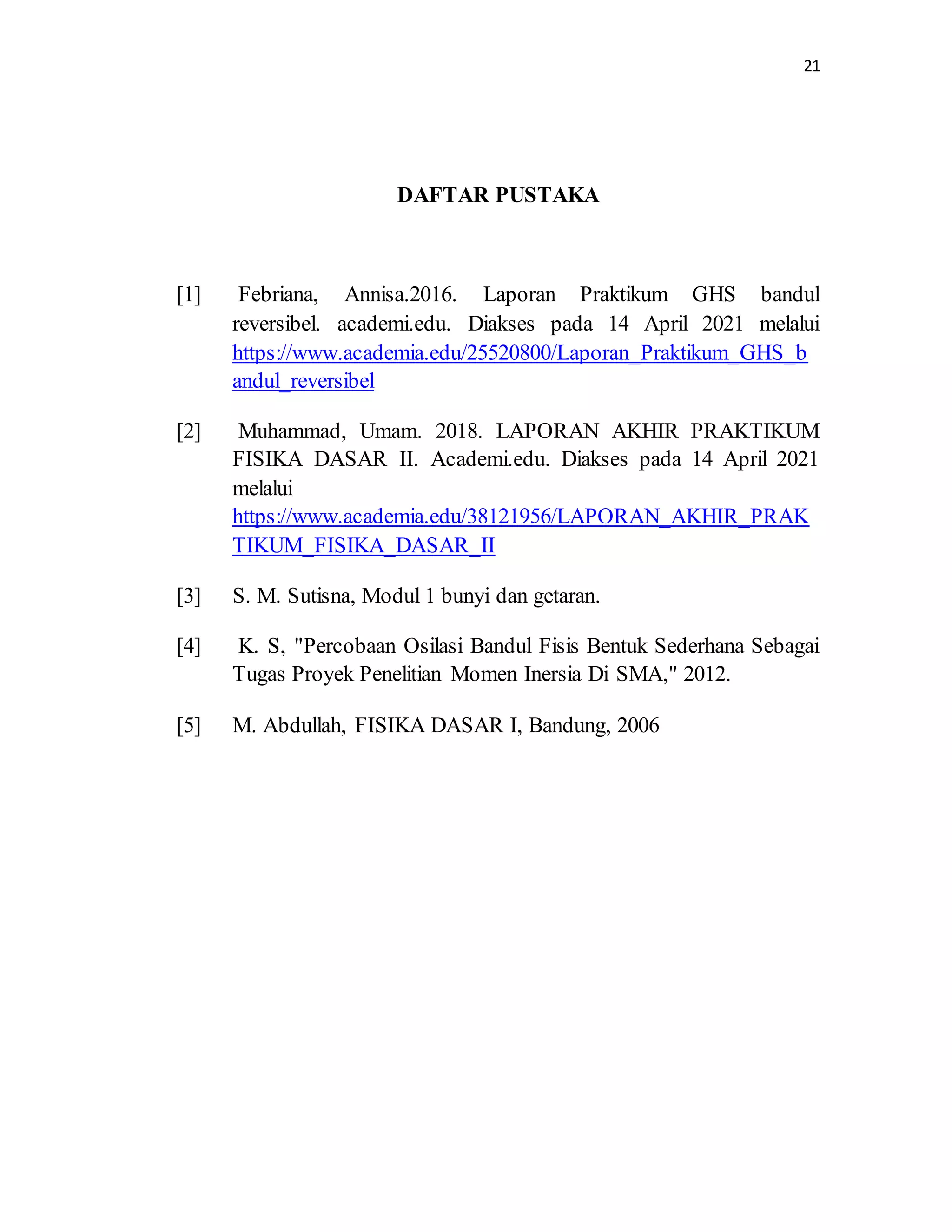 LAPORAN PRAKTIKUM FISIKA DASAR BANDUL REVERSIBLE | DOCX