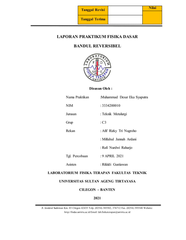 LAPORAN PRAKTIKUM FISIKA DASAR BANDUL REVERSIBLE | DOCX