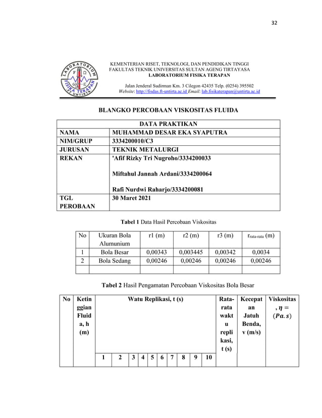 LAPORAN PRAKTIKUM FISIKA DASAR VISKOSITAS FLUIDA | PDF
