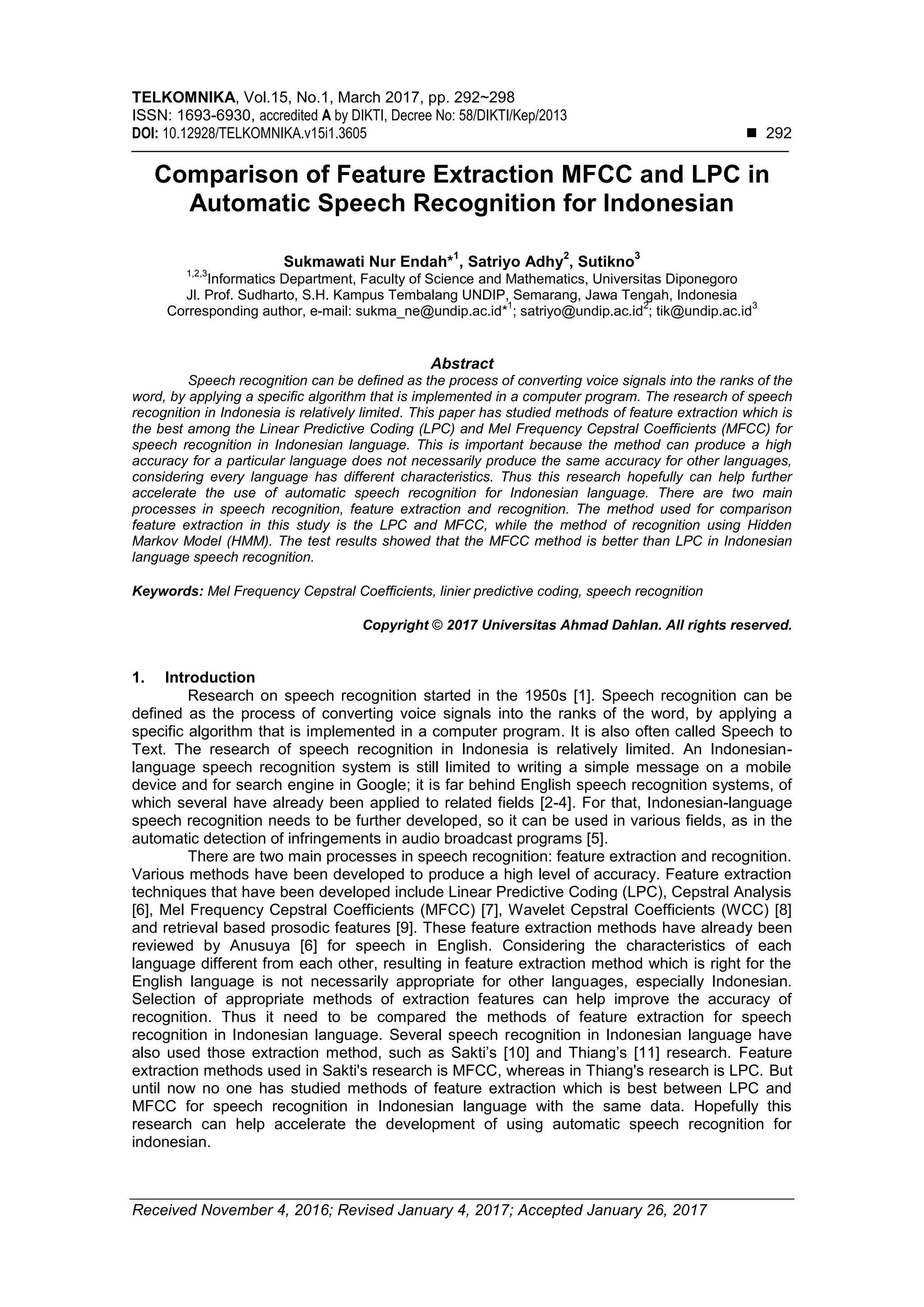 Comparison Of Feature Extraction Mfcc And Lpc In Automatic Speech