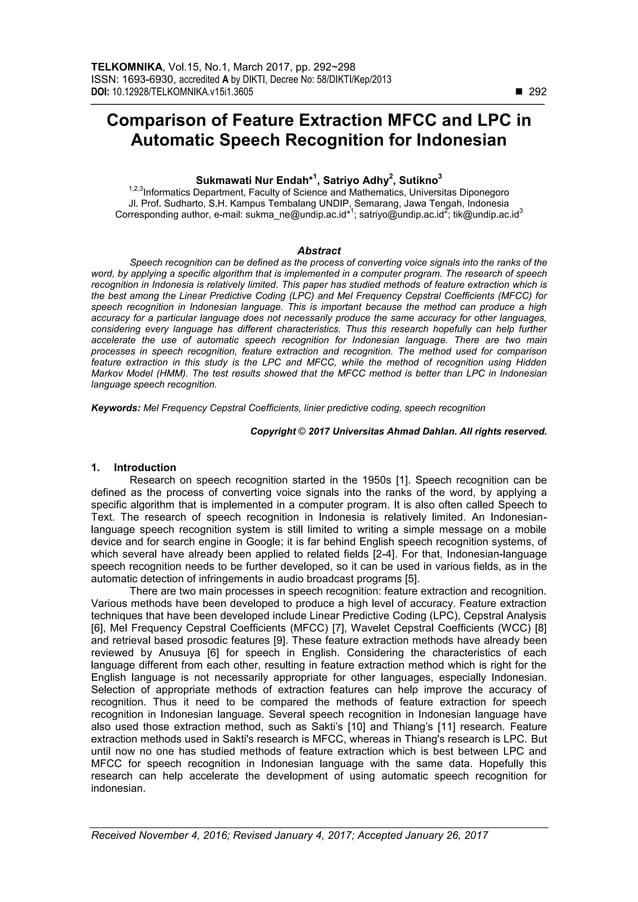 Comparison Of Feature Extraction Mfcc And Lpc In Automatic Speech Recognition For Indonesian Pdf