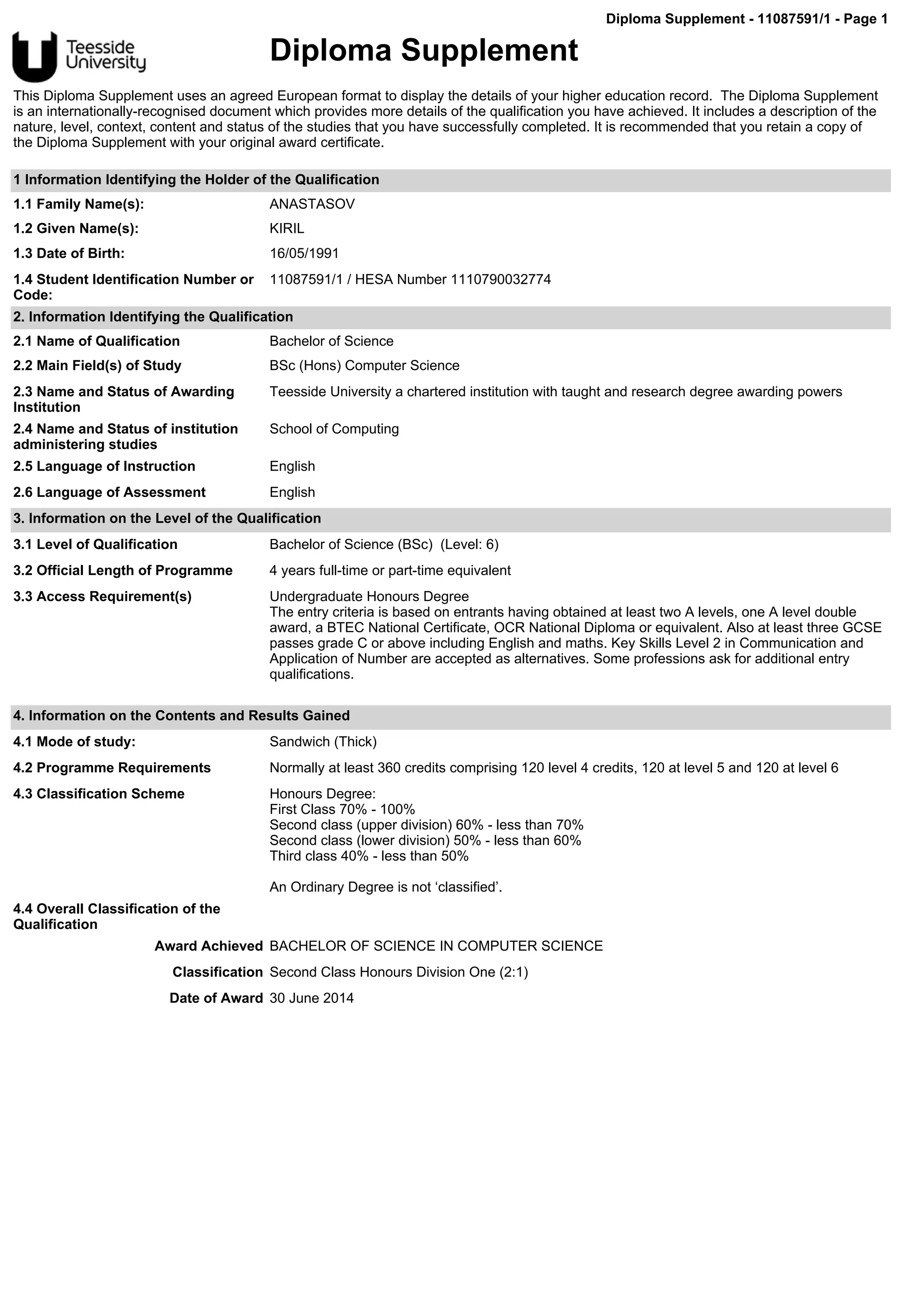 Teesside Diploma Supplement | PDF