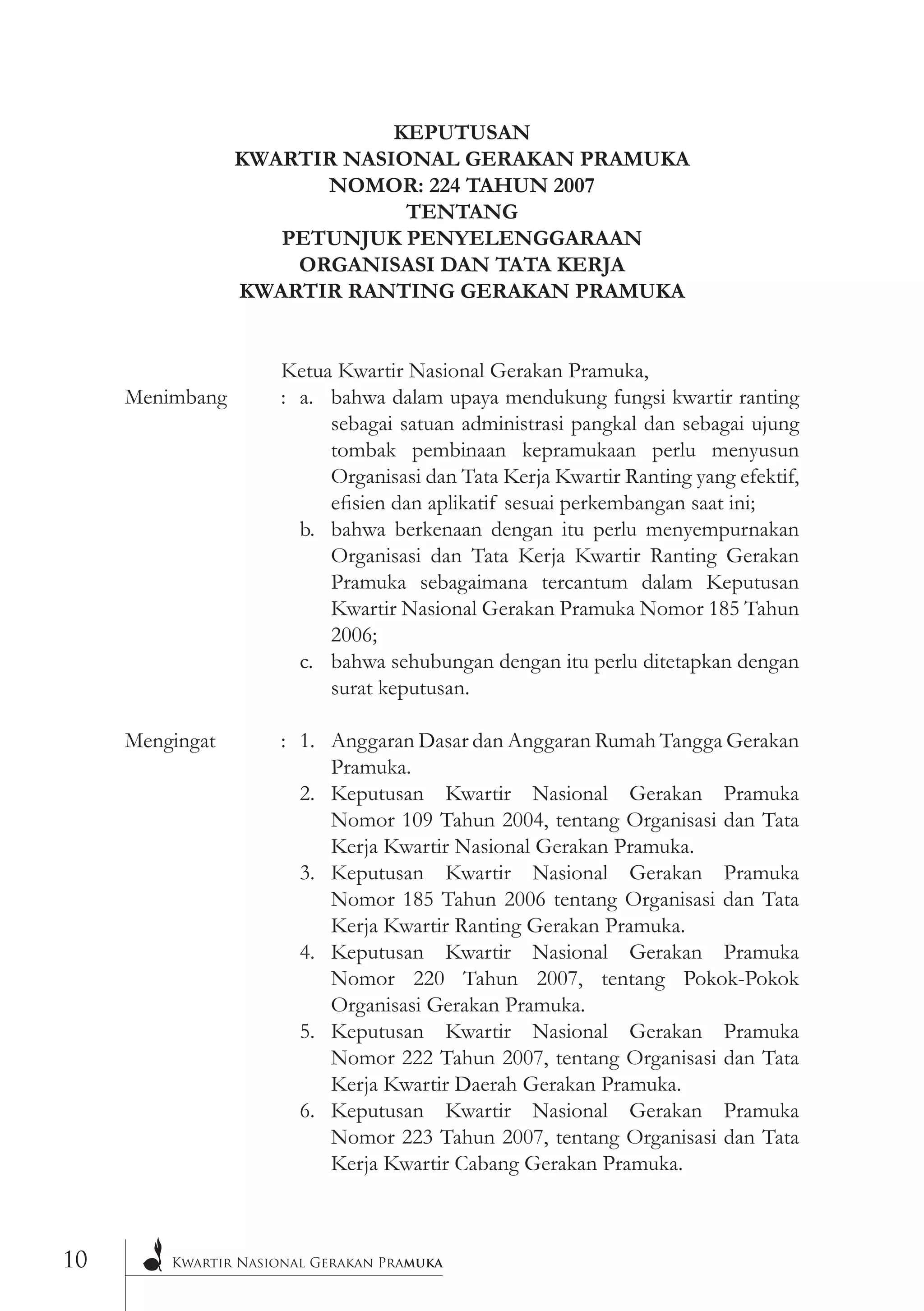petunjuk penyelenggaraan organisasi dan tata kerja kwartir ranting gerakan pramuka | PDF