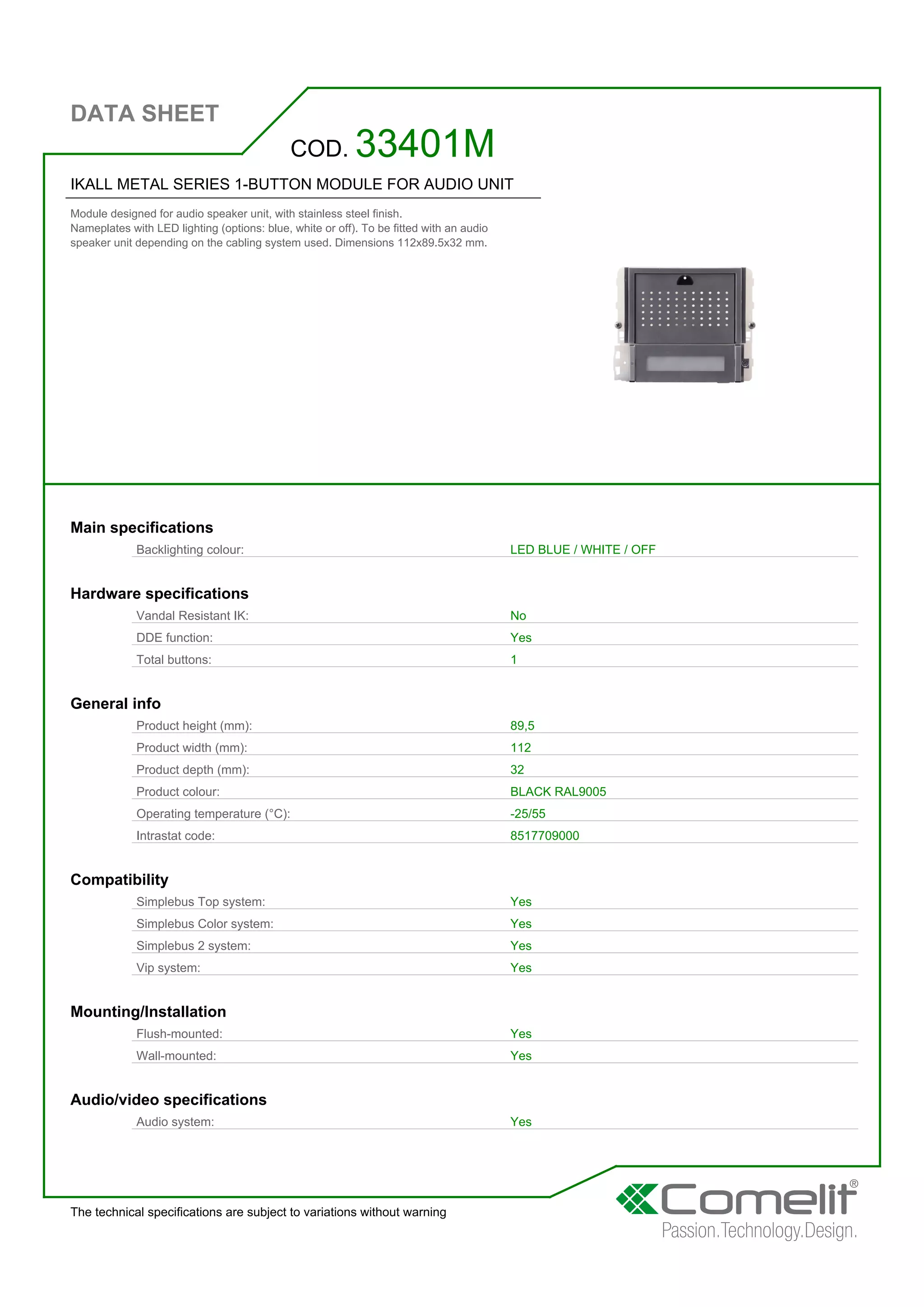 Comelit 33401M Data Sheet | PDF