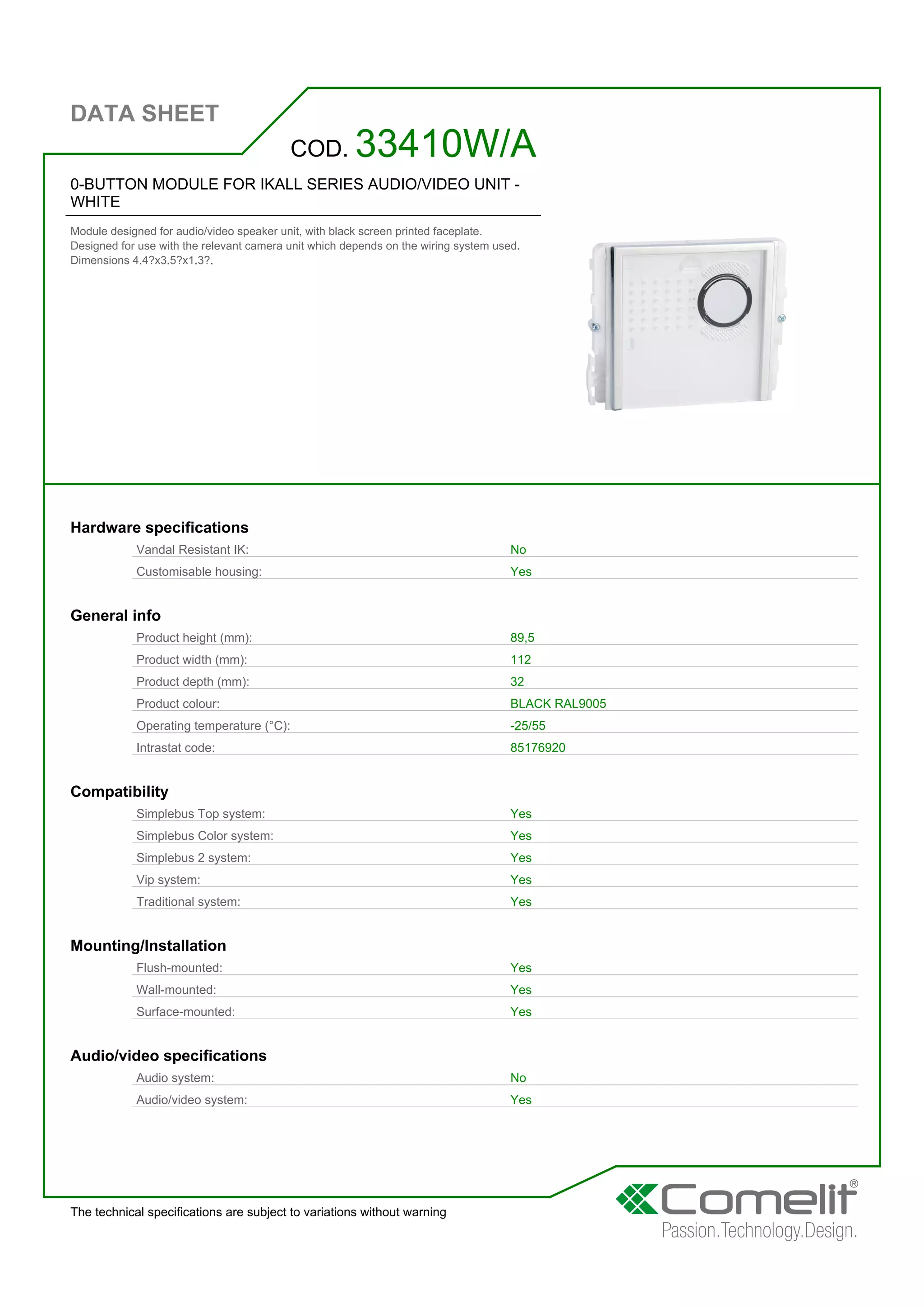 Comelit 33410W/A Data Sheet | PDF | Consumer Electronics | Technology & Computing