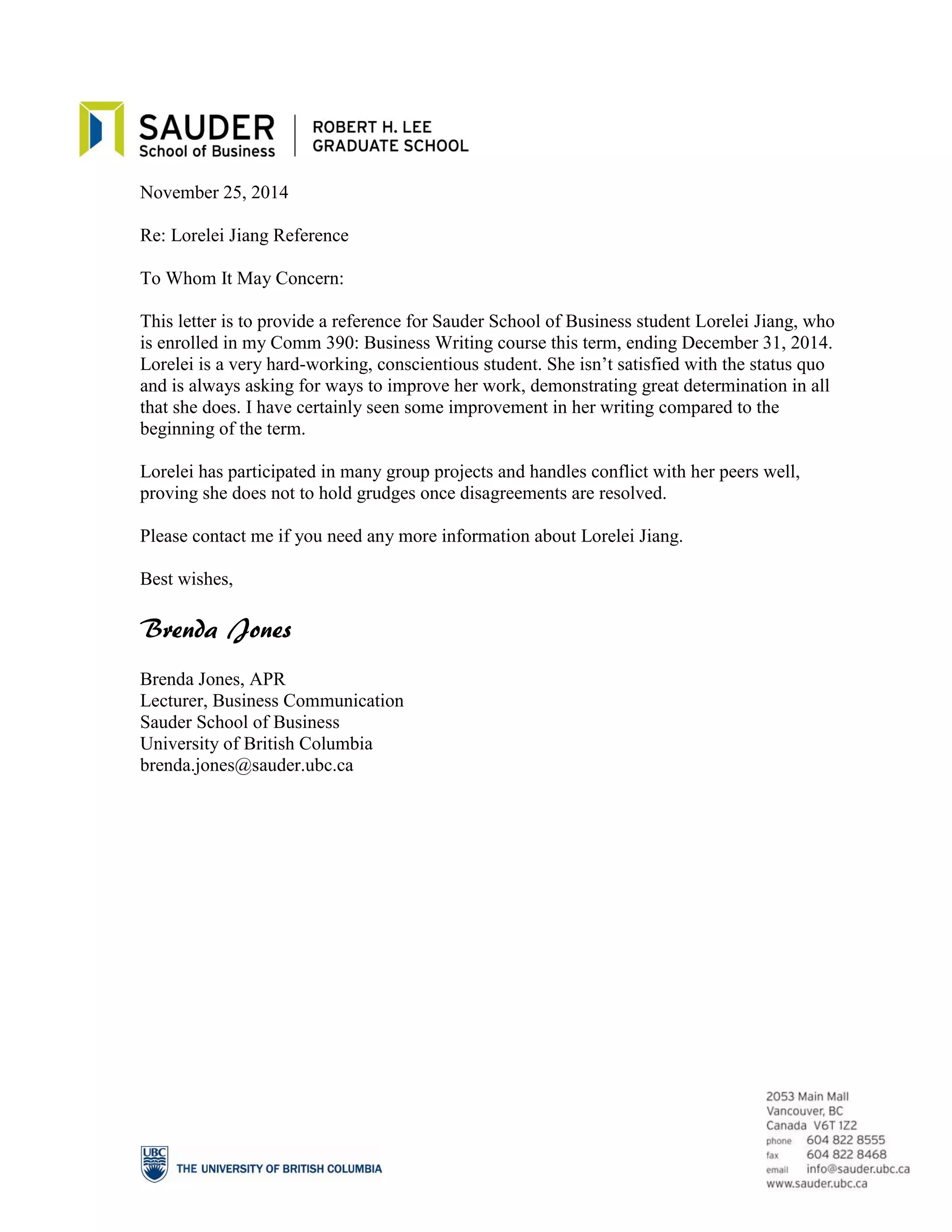 Lorelei Jiang reference letter | PDF | Business | Business and Finance