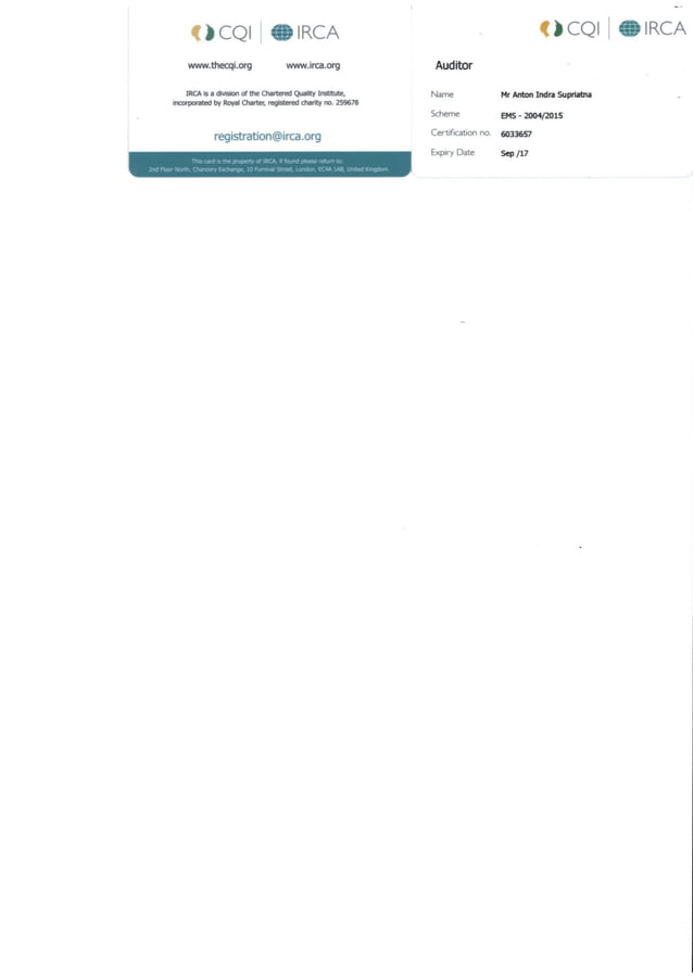 IRCA EMS Auditor IRCA Card_6033657 | PDF