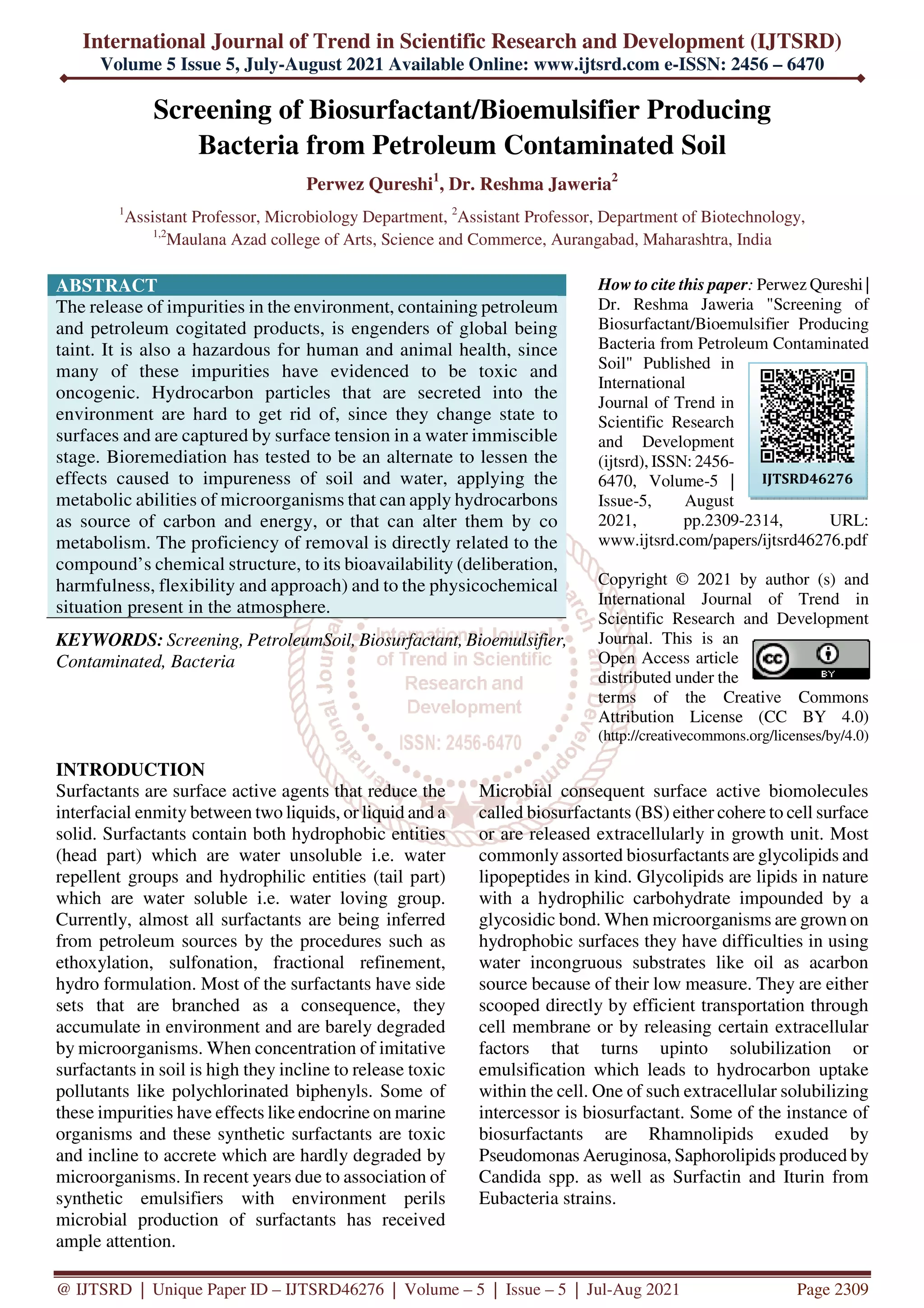 Screening of Biosurfactant Bioemulsifier Producing Bacteria from ...