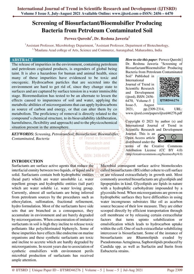 Screening of Biosurfactant Bioemulsifier Producing Bacteria from ...
