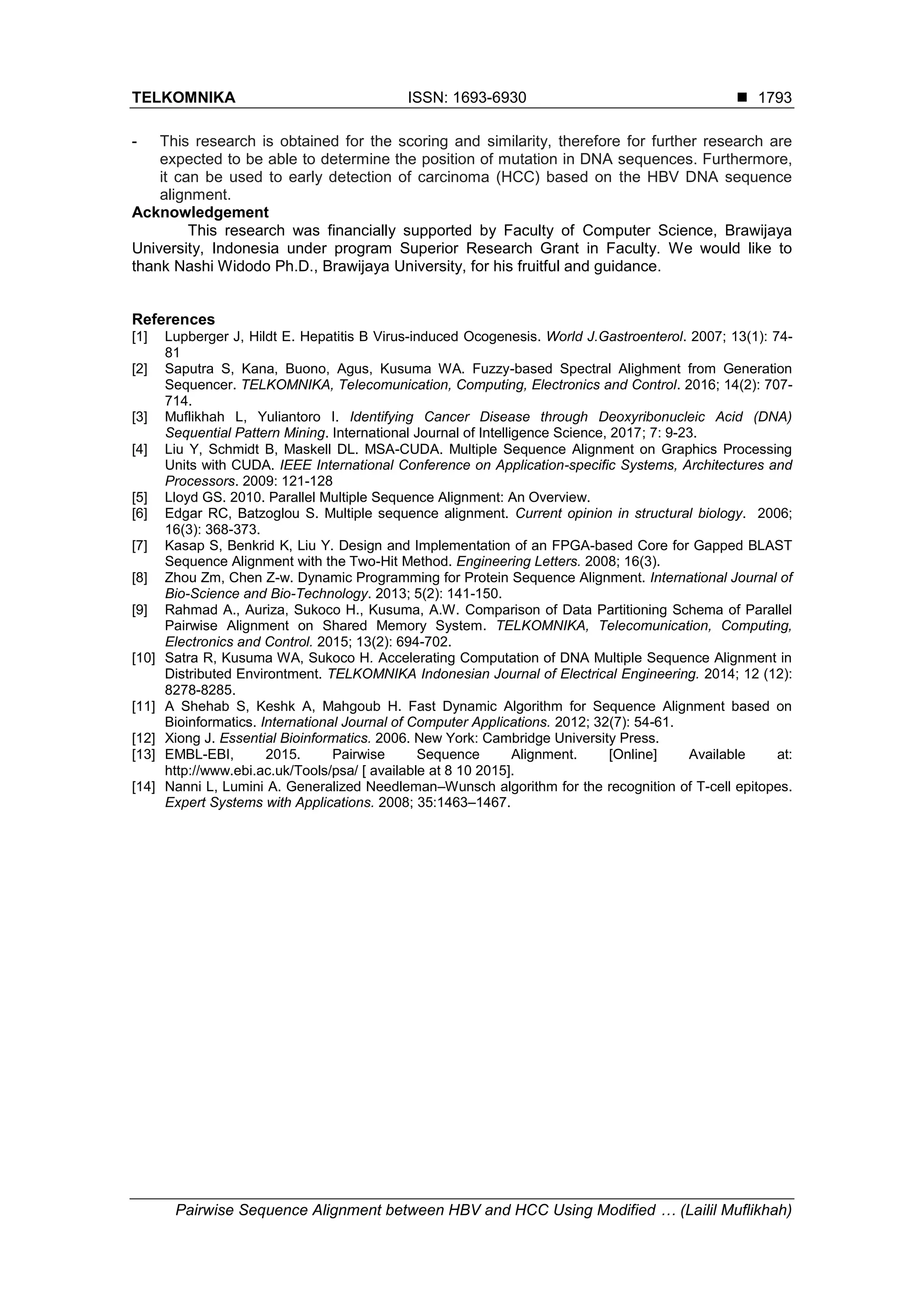 Pairwise Sequence Alignment between HBV and HCC Using Modified Needleman-Wunsch Algorithm | PDF