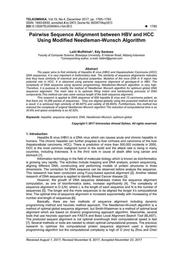Pairwise Sequence Alignment between HBV and HCC Using Modified Needleman-Wunsch Algorithm | PDF