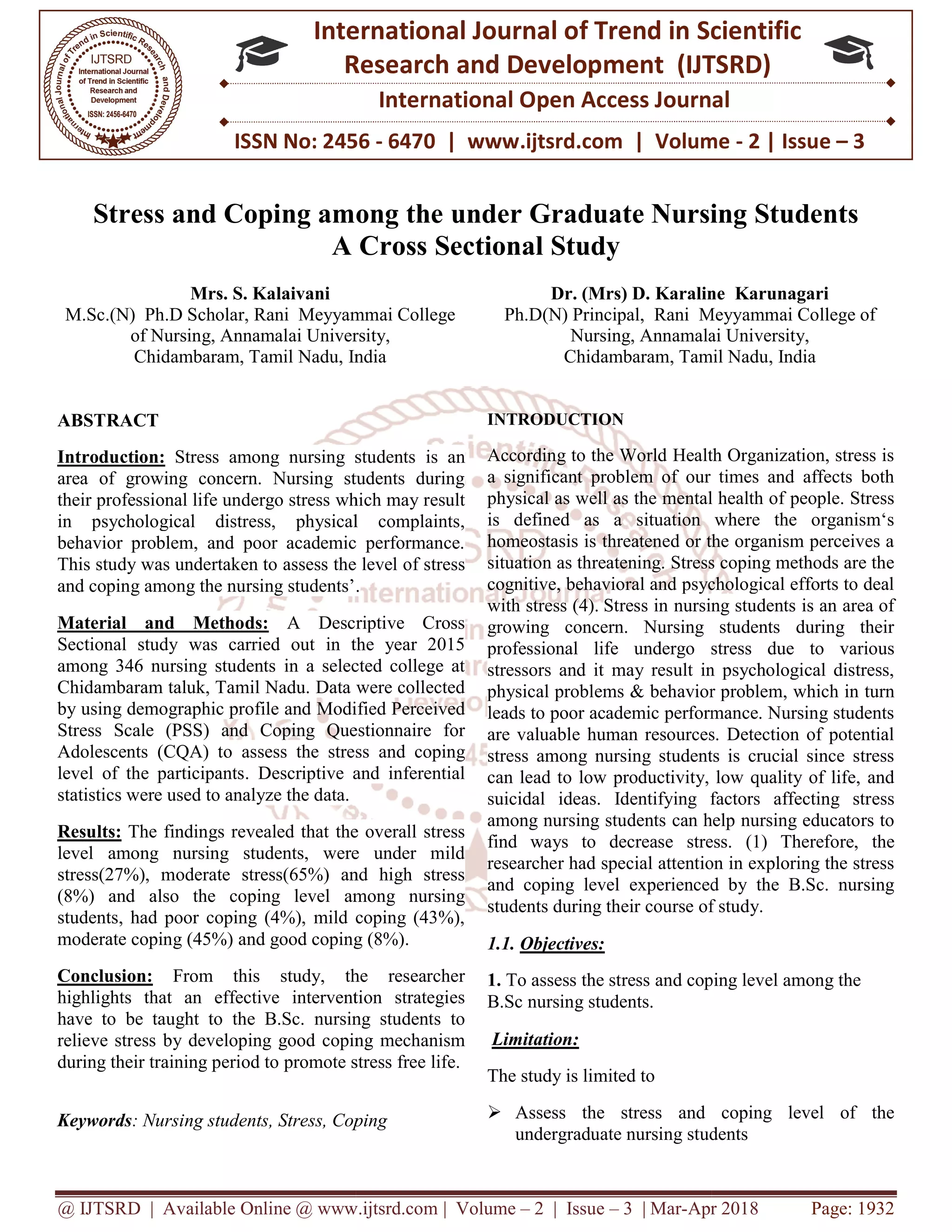 Stress and Coping among the under Graduate Nursing Students A Cross Sectional Study | PDF