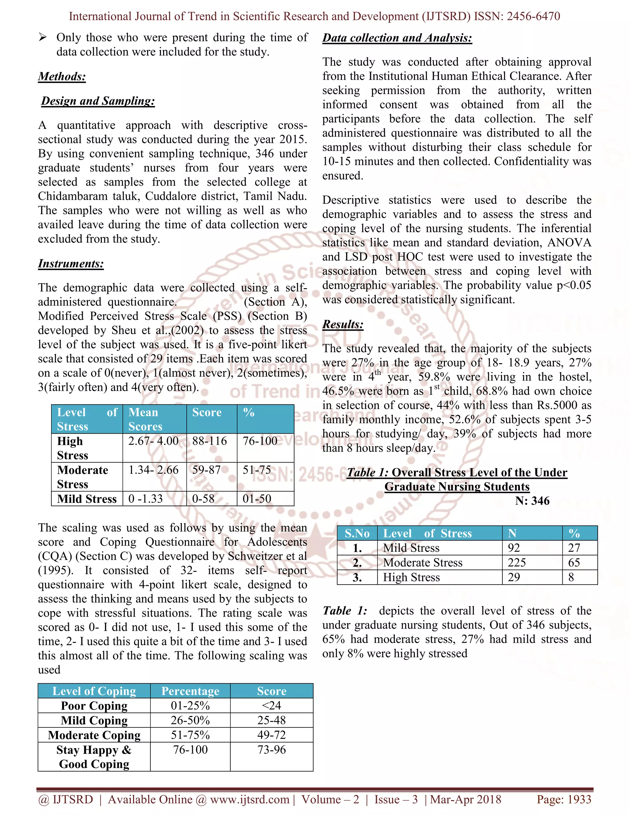 Stress and Coping among the under Graduate Nursing Students A Cross ...