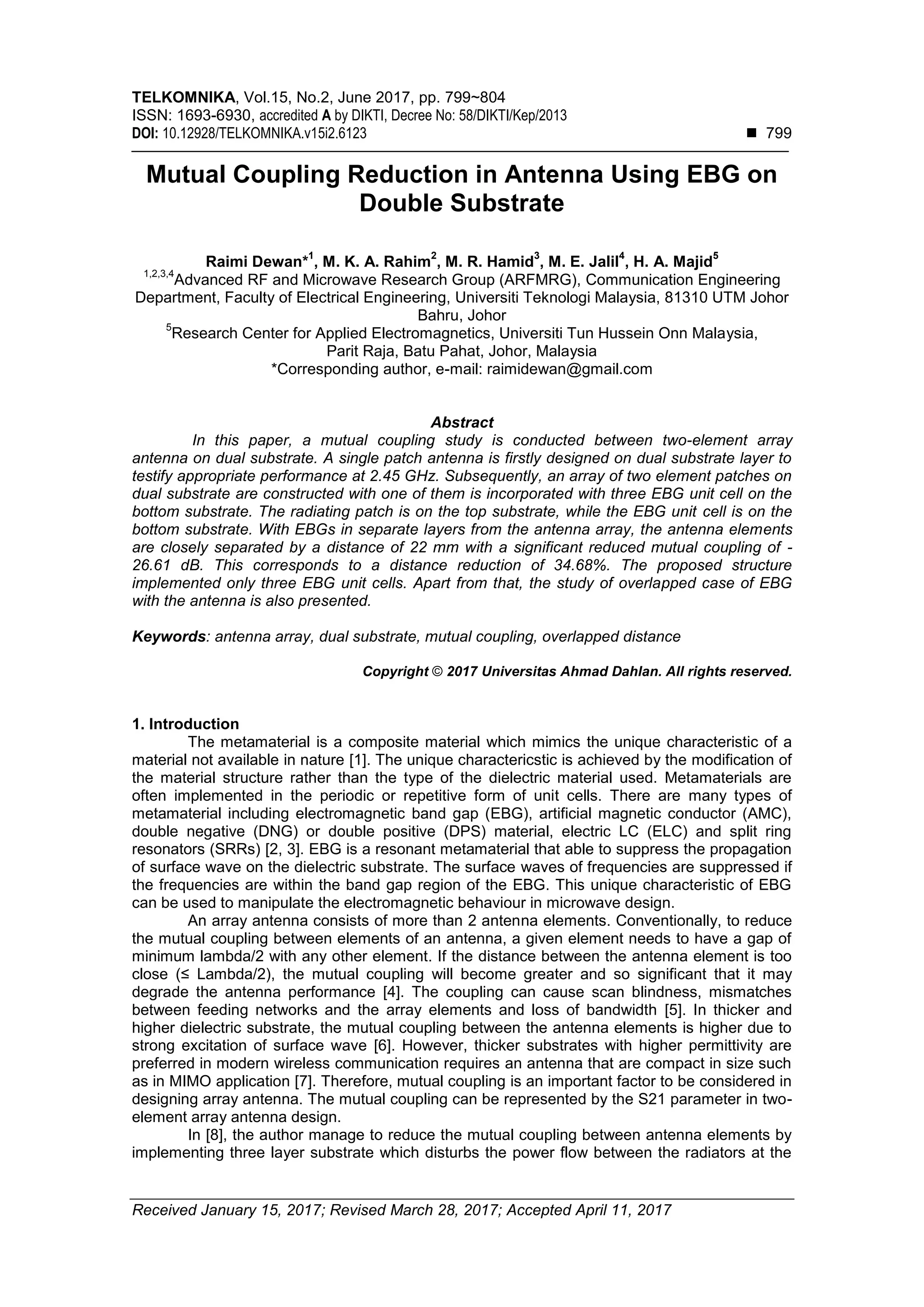Mutual Coupling Reduction in Antenna Using EBG on Double Substrate | PDF