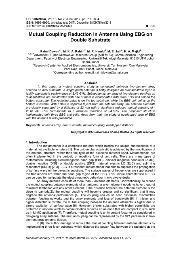 Mutual Coupling Reduction in Antenna Using EBG on Double Substrate | PDF