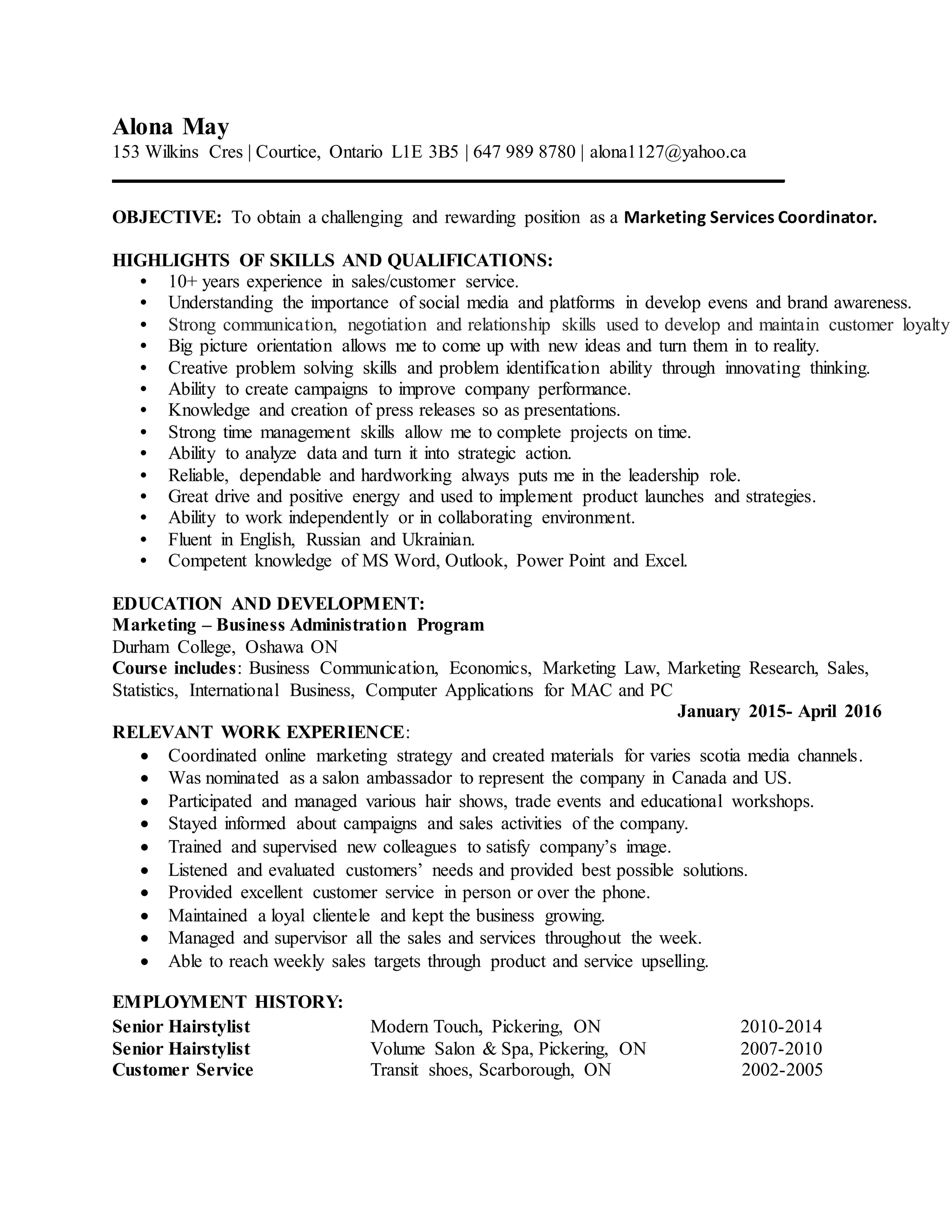 Alona May Resume | DOCX