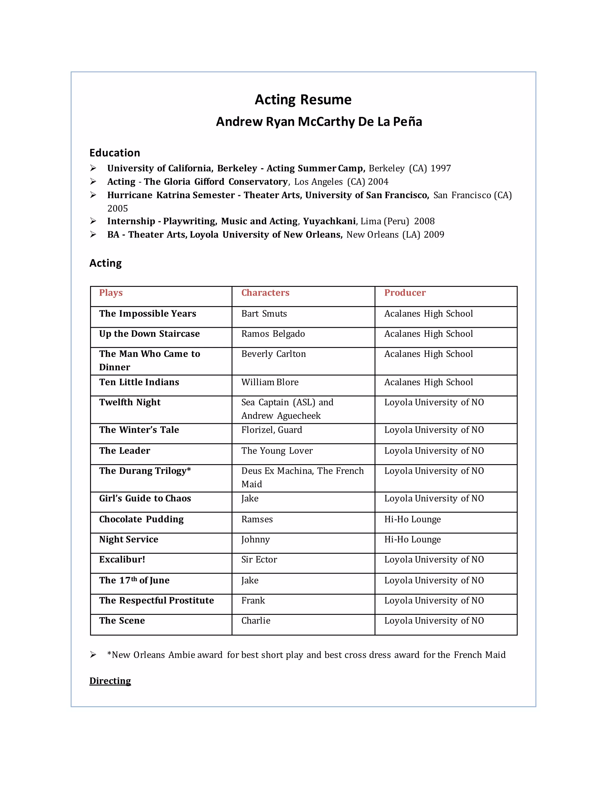 Acting Resume Andrew | DOCX