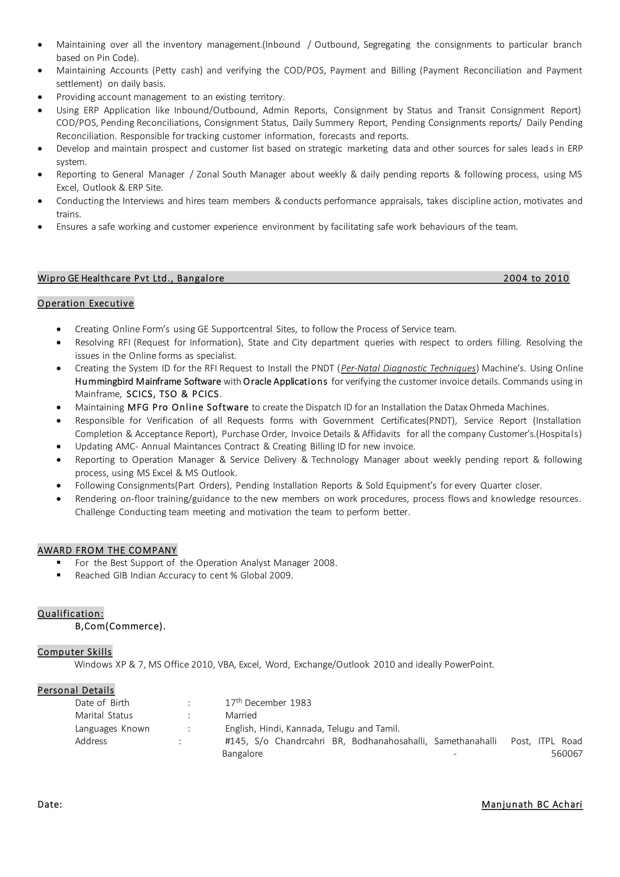 Core experience in Operations | DOCX