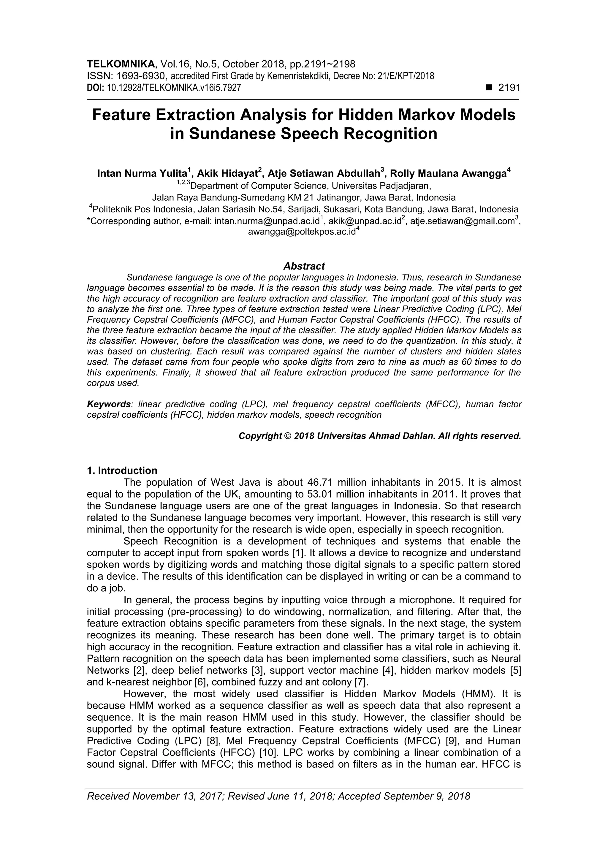 Feature Extraction Analysis for Hidden Markov Models in Sundanese Speech Recognition | PDF