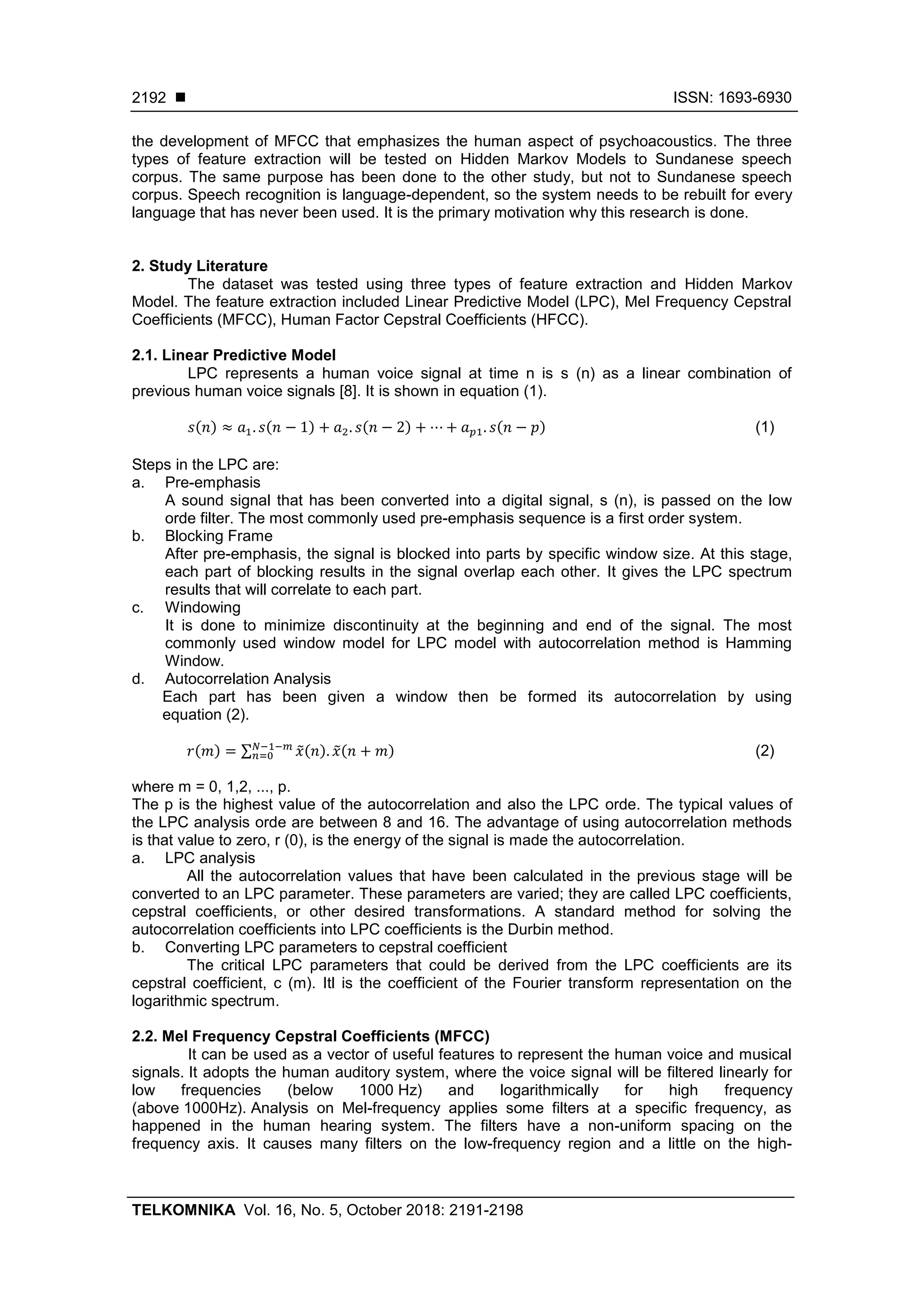 Feature Extraction Analysis for Hidden Markov Models in Sundanese Speech Recognition | PDF
