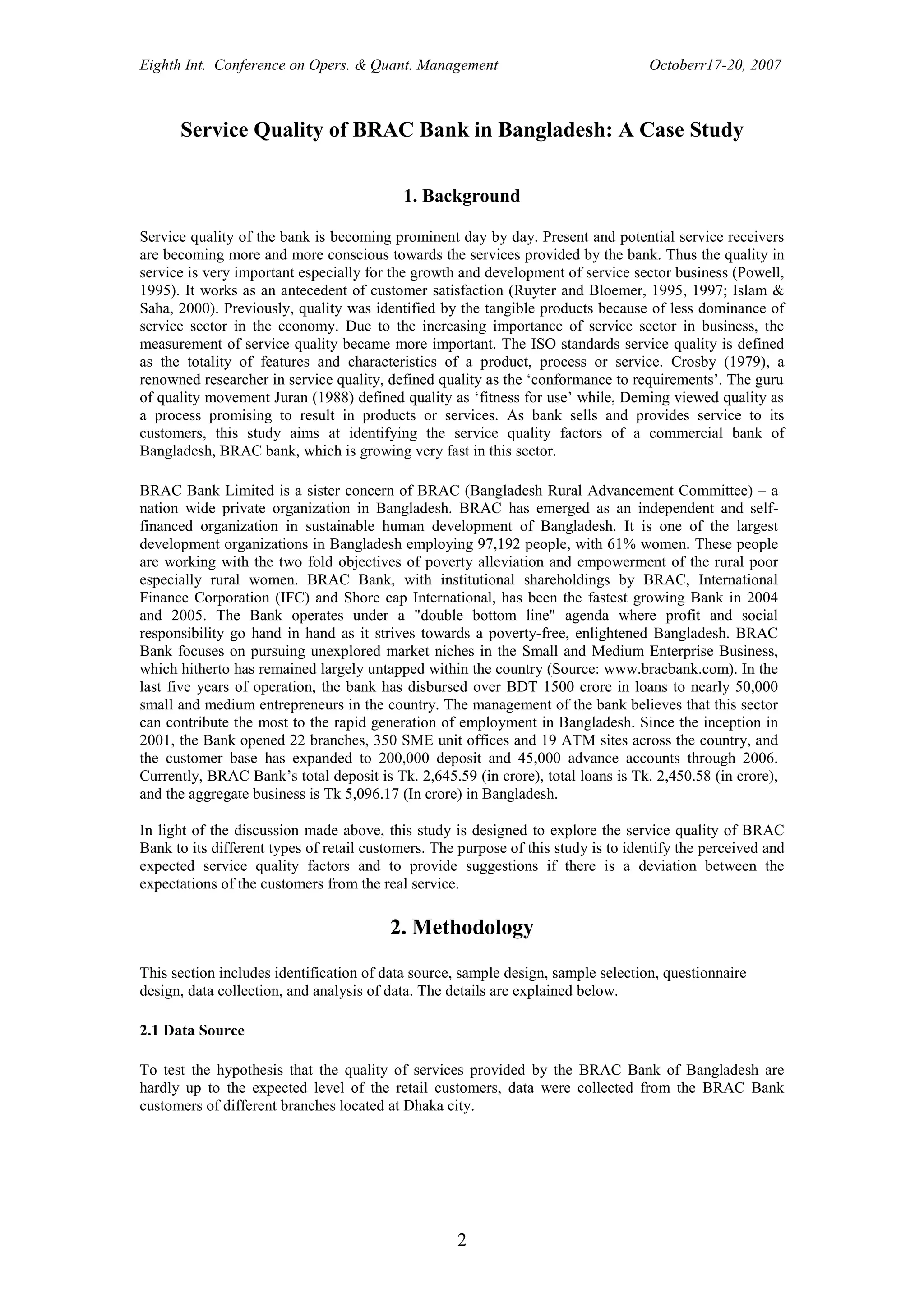 Service Quality of BRAC Bank in Bangladesh: A Case Study | PDF