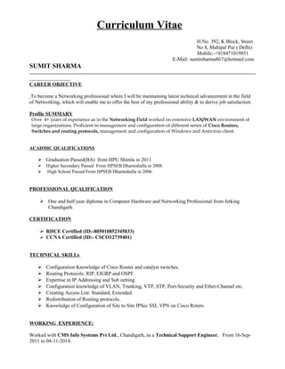 Sumit resume | DOC | Computer Networking | Computing