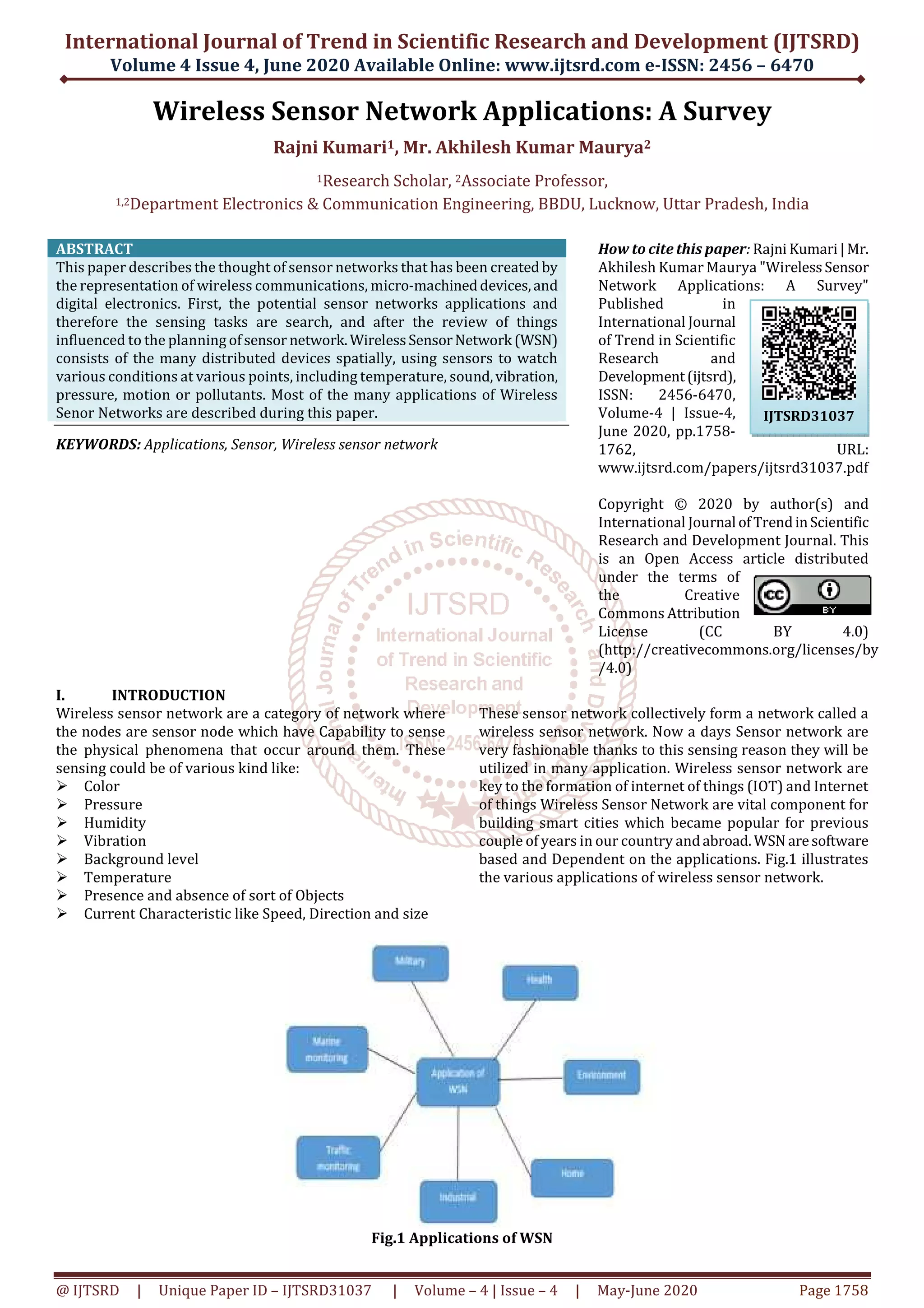 Wireless Sensor Network Applications A Survey | PDF