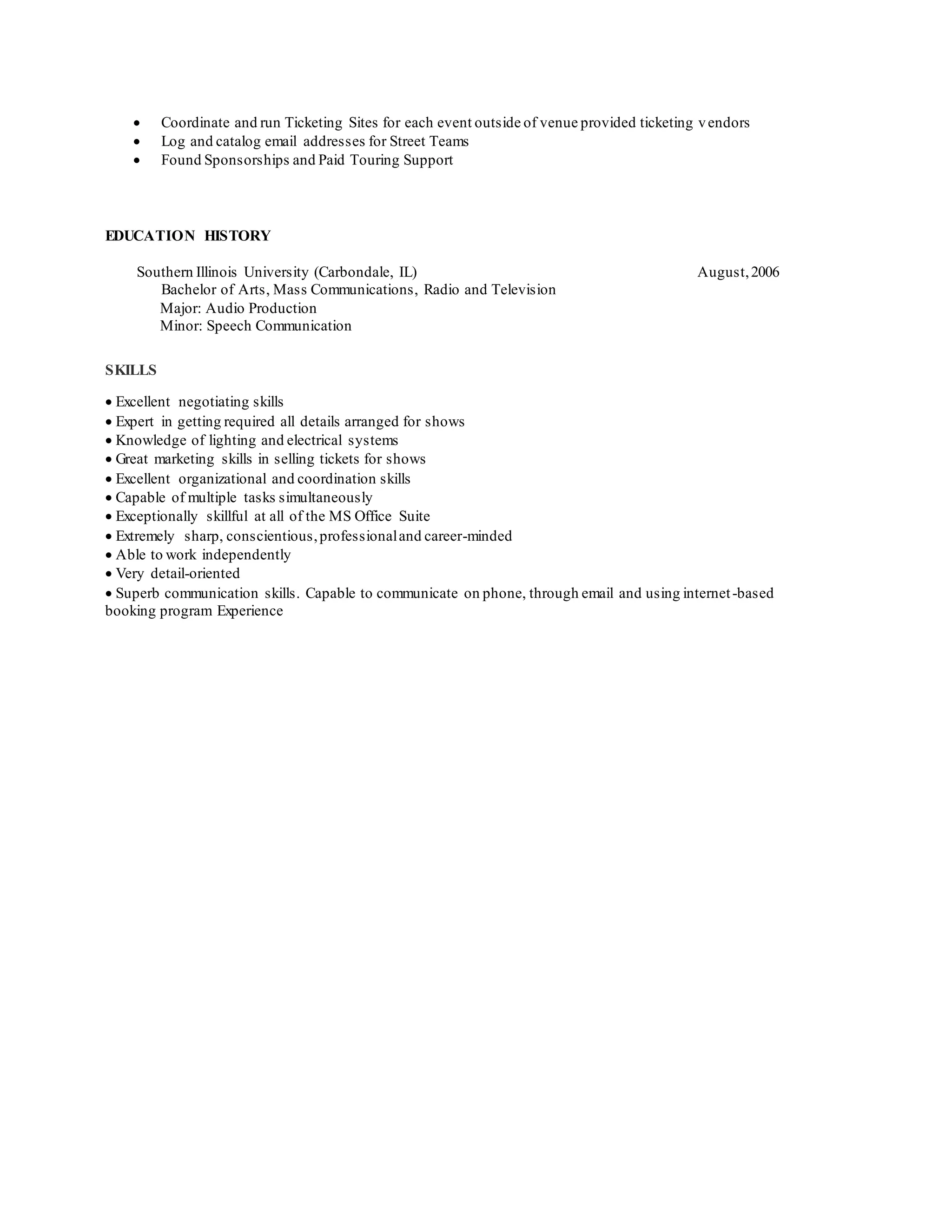 Calen Schaefer Booking Resume | PDF