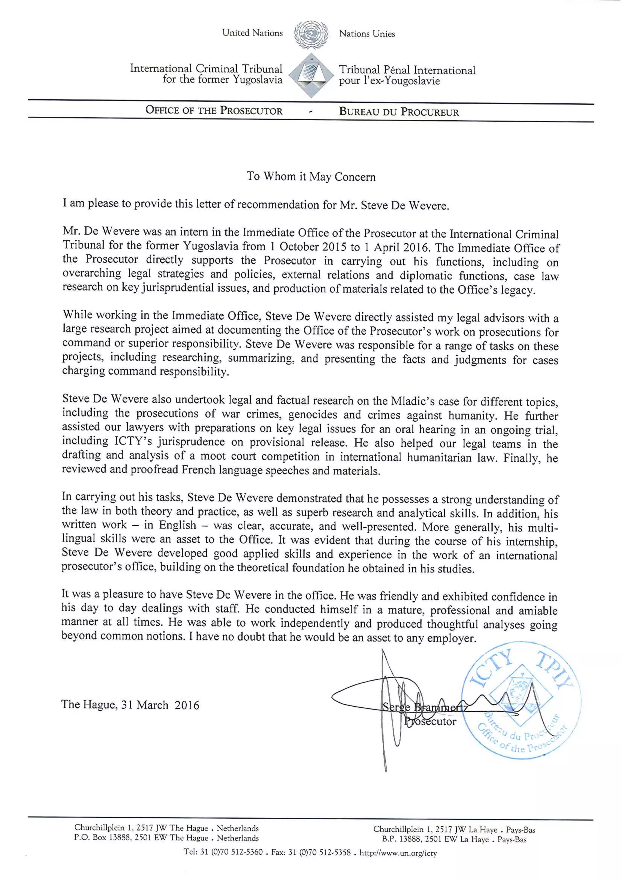 Recommandation Letter - ICTY | PDF